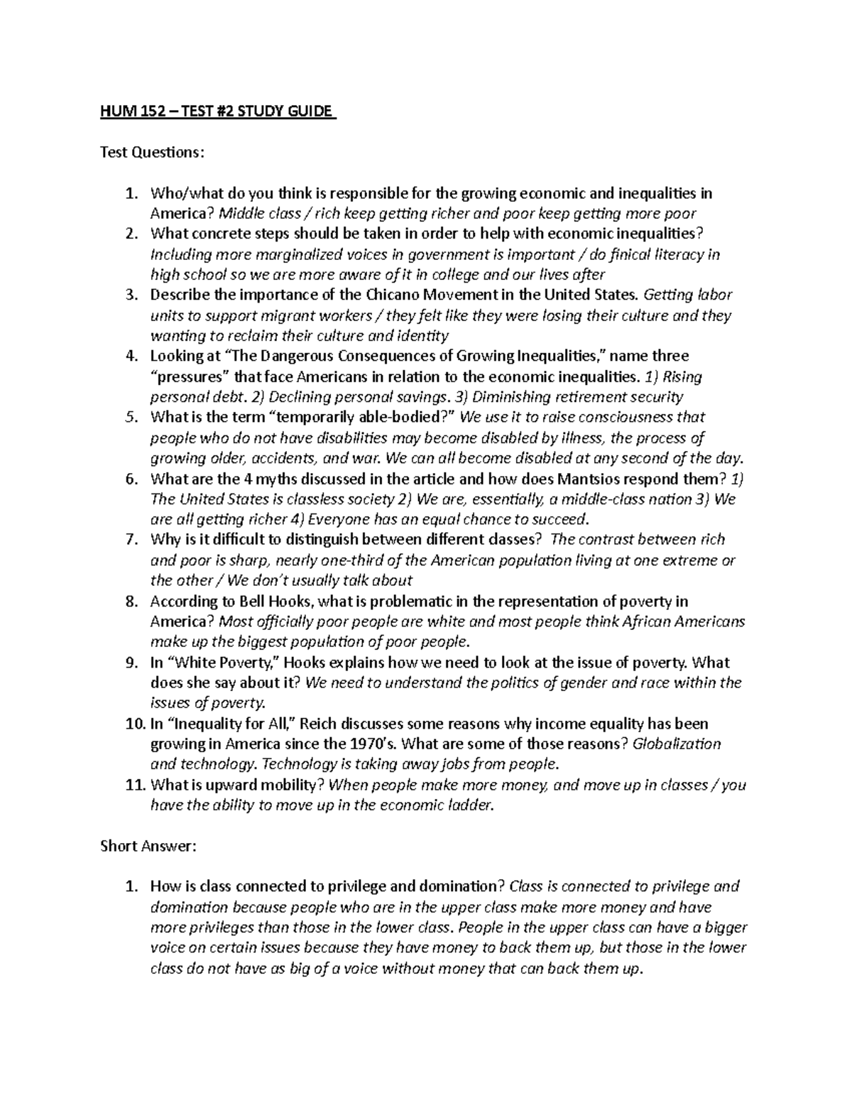 HUM 152 – TEST #2 Study Guide - HUM 152 – TEST #2 STUDY GUIDE Test ...