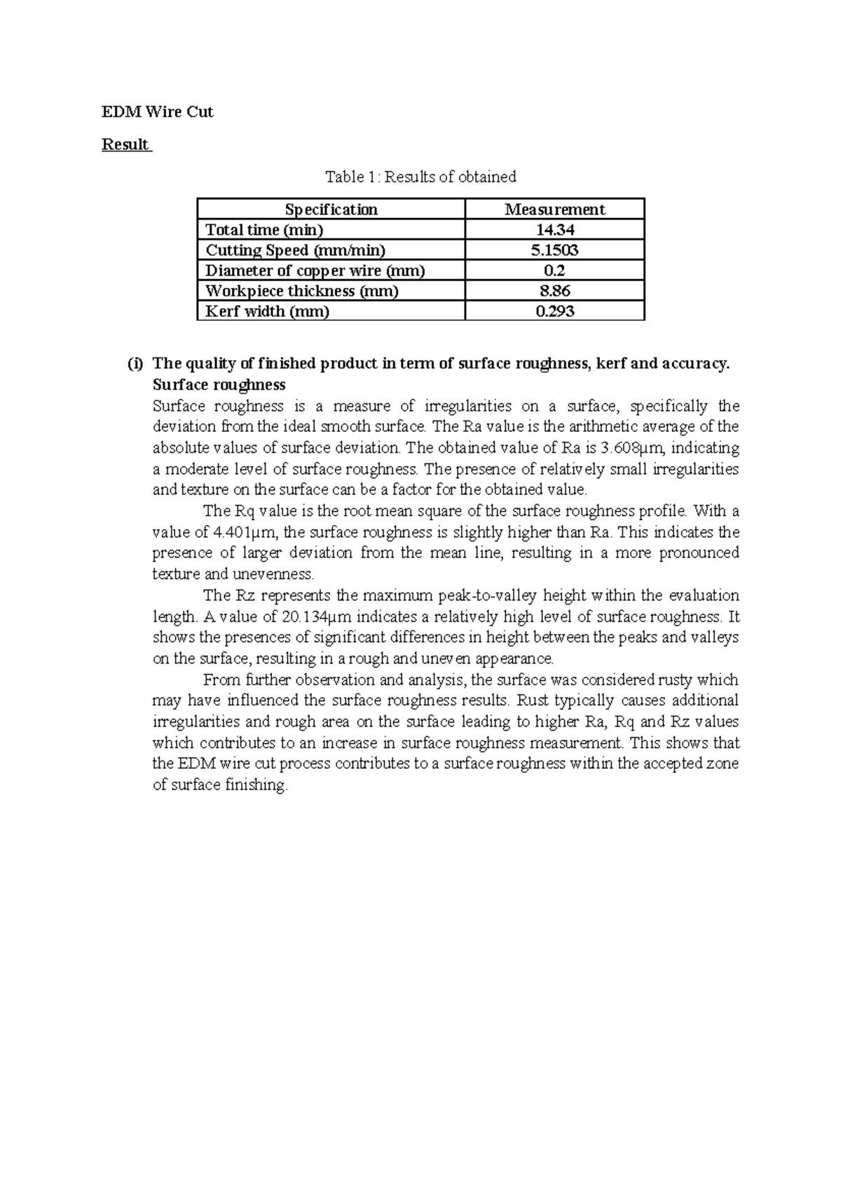 EDM Wire Cut (result) - EDM Wire Cut Result Table 1: Results of obtained Specification ...
