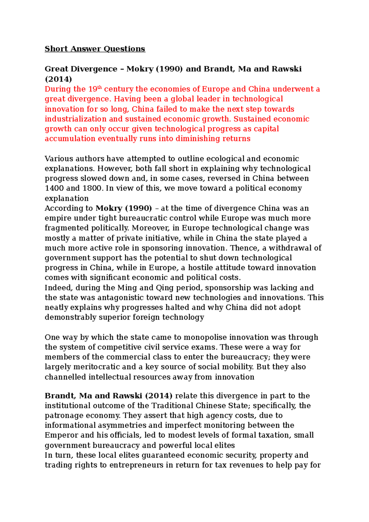 China exam questions - Short Answer Questions Great Divergence – Mokry ...