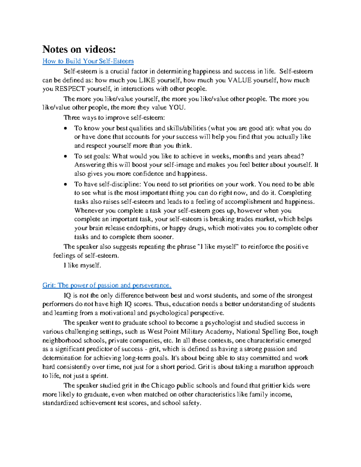 notes from self-esteem - Notes on videos: How to Build Your Self-Esteem ...