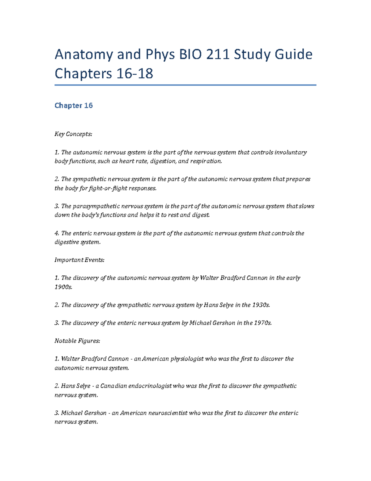 Anatomy and Phys BIO 211 Study Guide Chapters 16-18 - Anatomy and Phys ...