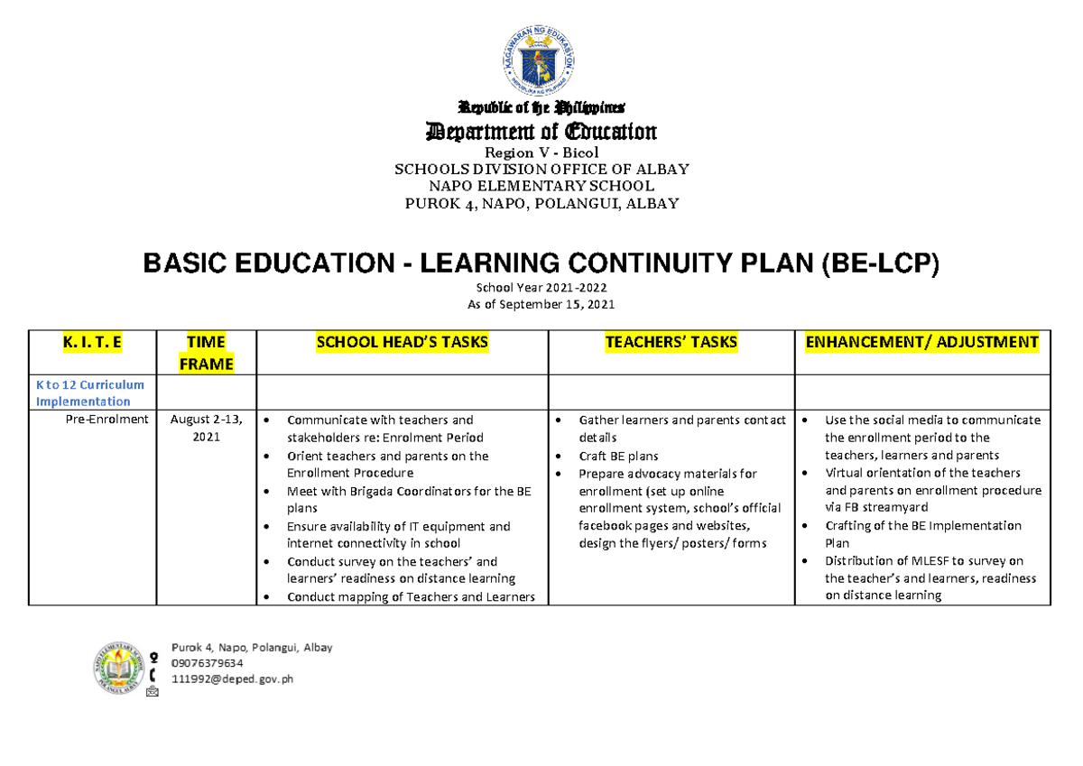 Learning Continuity Plan Napo ES (September 15^J 2021) - Republic of ...