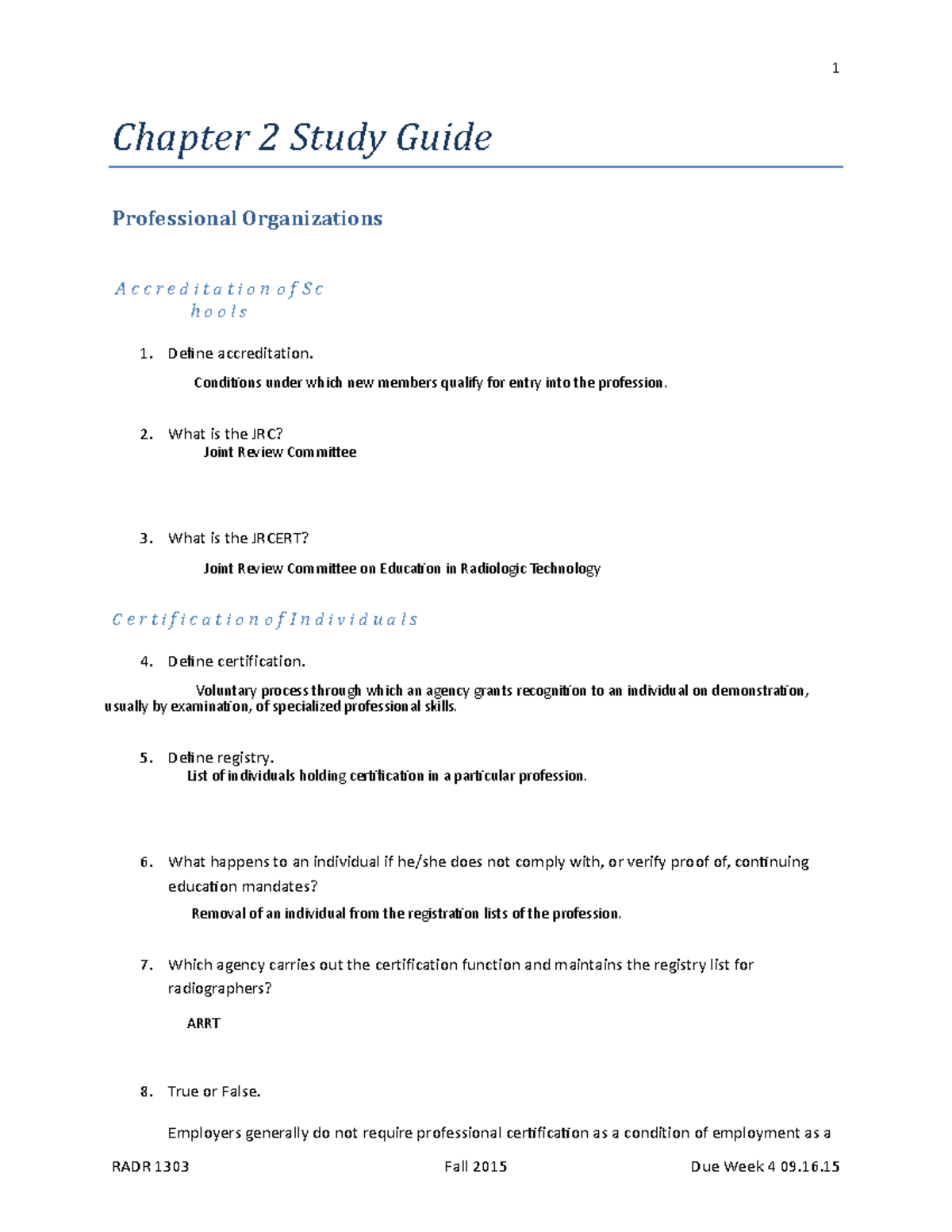 Chapter 2 Study Guide Student Copy - RADR 1303 Fall 2015 Due Week 4 09 ...