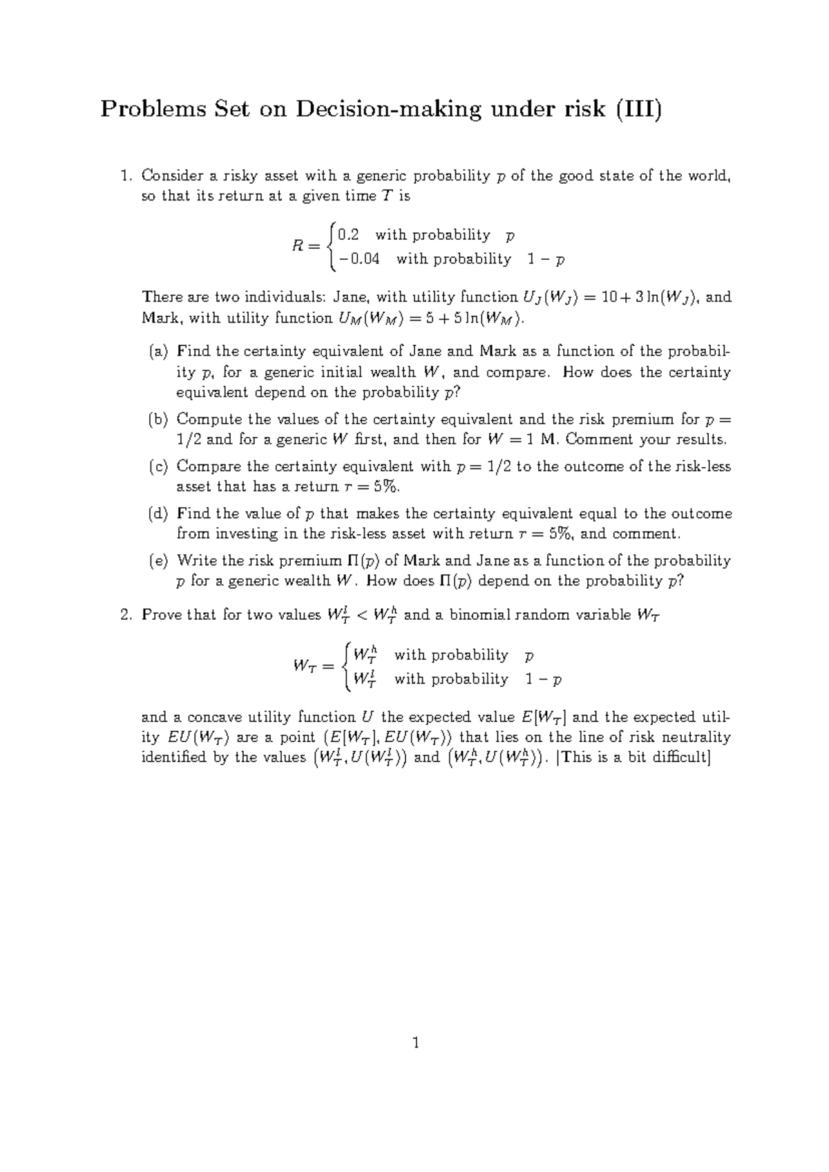 Exercises 1c Set - Problems Set on Decision-making under risk (III ...