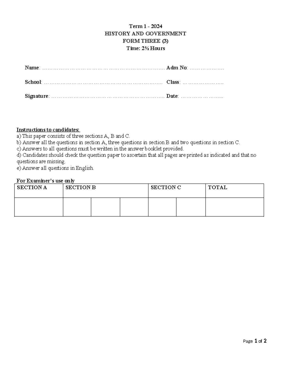 History form 3 - Term 1 - 2024 HISTORY AND GOVERNMENT FORM THREE (3 ...