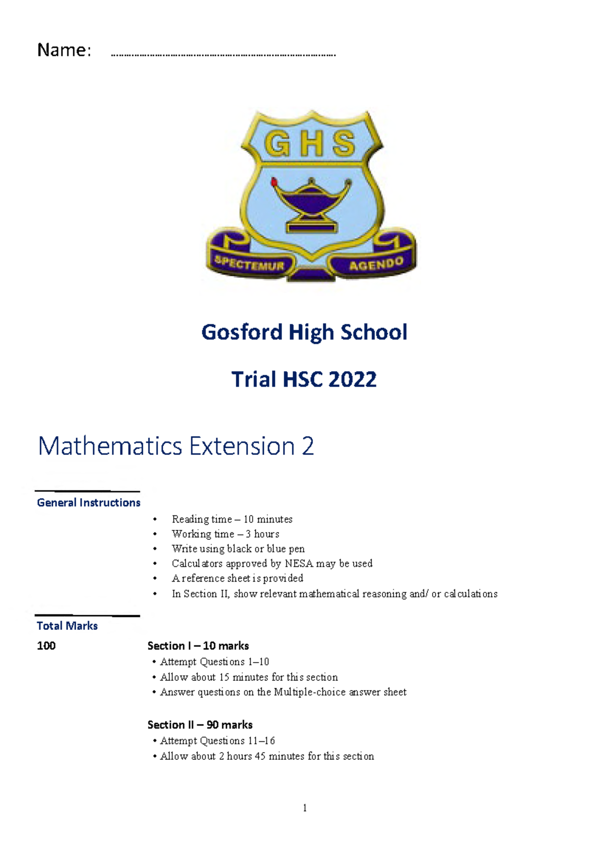 Maths exam paper - Name: - Studocu