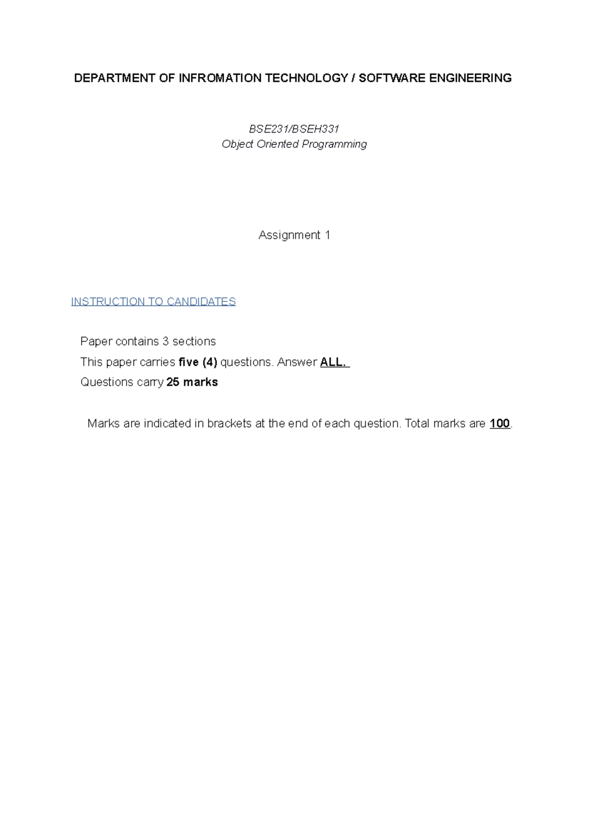 BSEH 231 Assignment 1 - DEPARTMENT OF INFROMATION TECHNOLOGY / SOFTWARE ENGINEERING BSE231/BSEH ...
