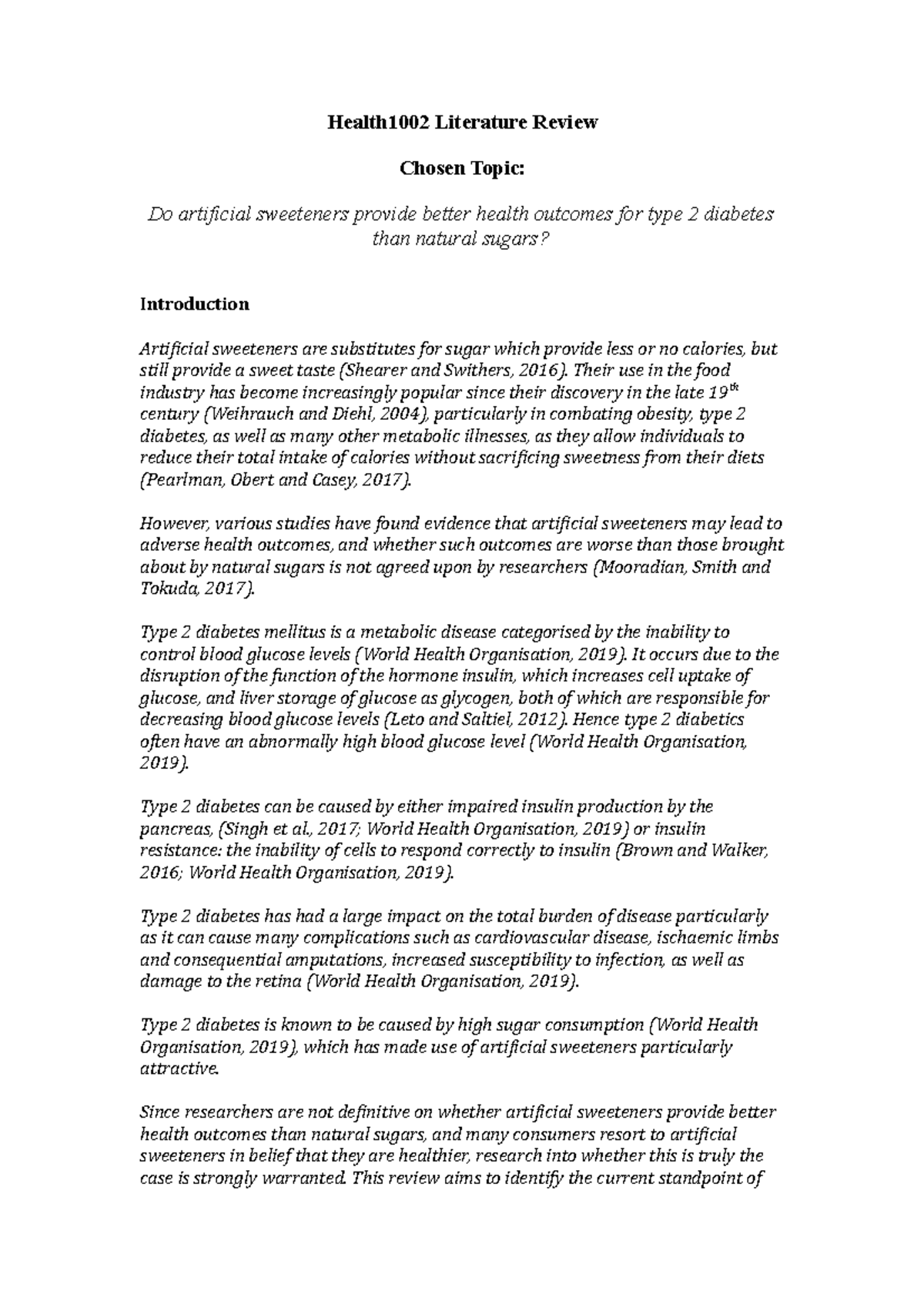 HLTH1002 Artificial Sweetener Literature Review - Health1002 Literature Review Chosen Topic: Do ...