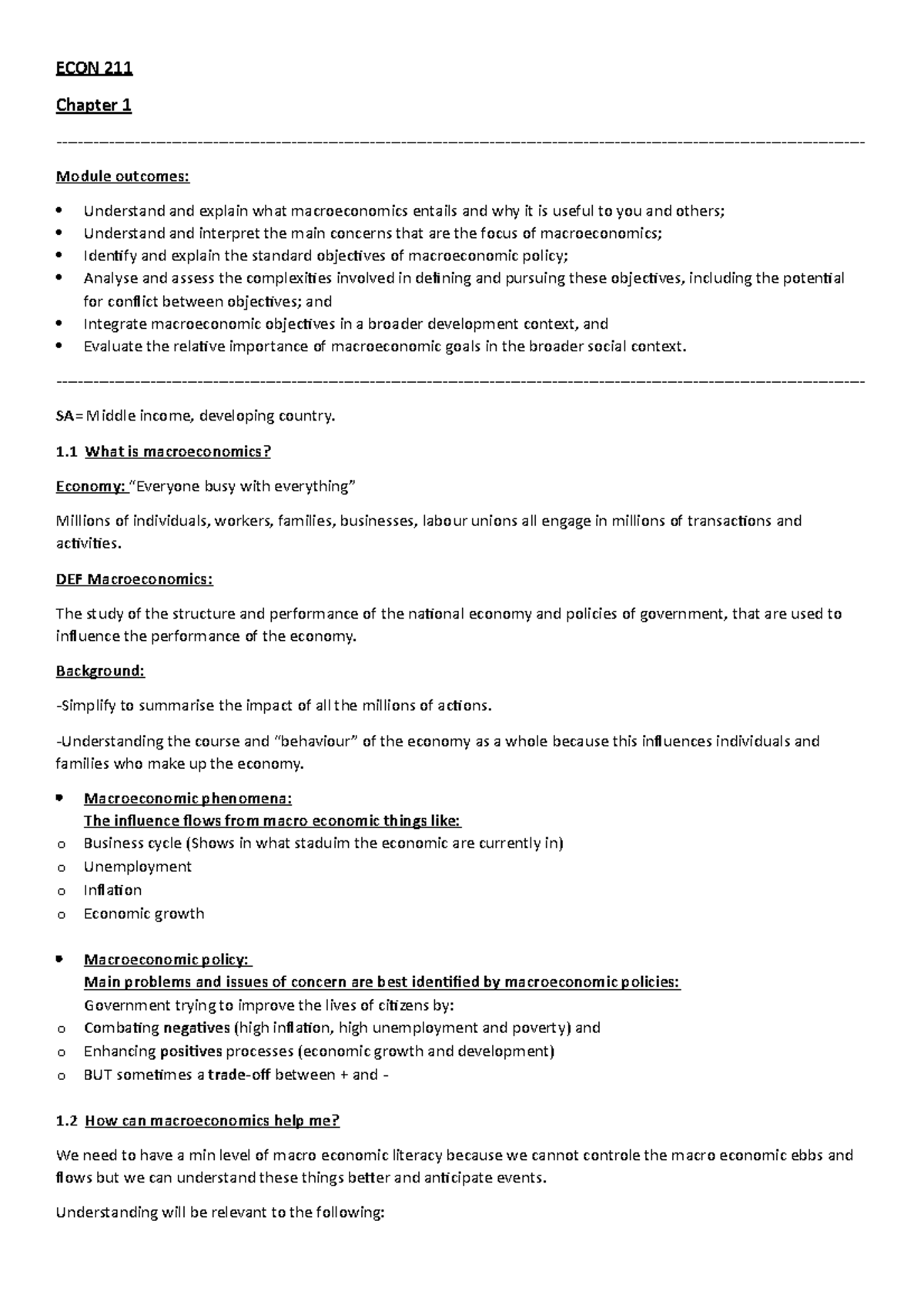 ECON 211 (1 2 3 4 6 7 8 12) - ECON 211 Chapter 1 - Module outcomes ...