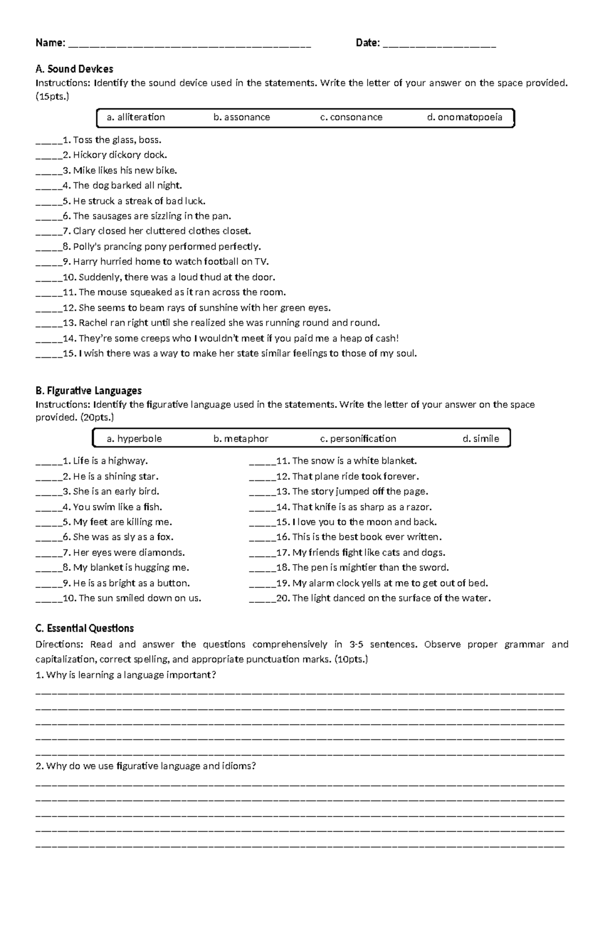 Quiz 2 - Sound Devices & Figurative Languages - Name