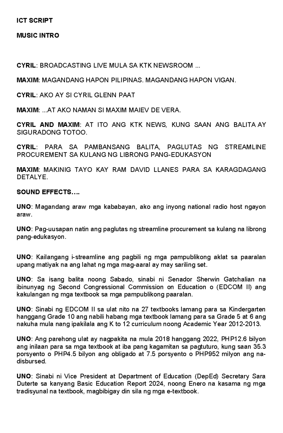 ICT Script - ICT SCRIPT MUSIC INTRO CYRIL: BROADCASTING LIVE MULA SA ...