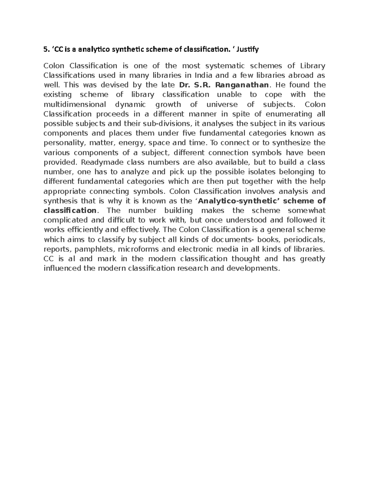 Ii-5 - COLON CLASSIFICATION - 5. ‘CC is a analytico synthetic scheme of ...