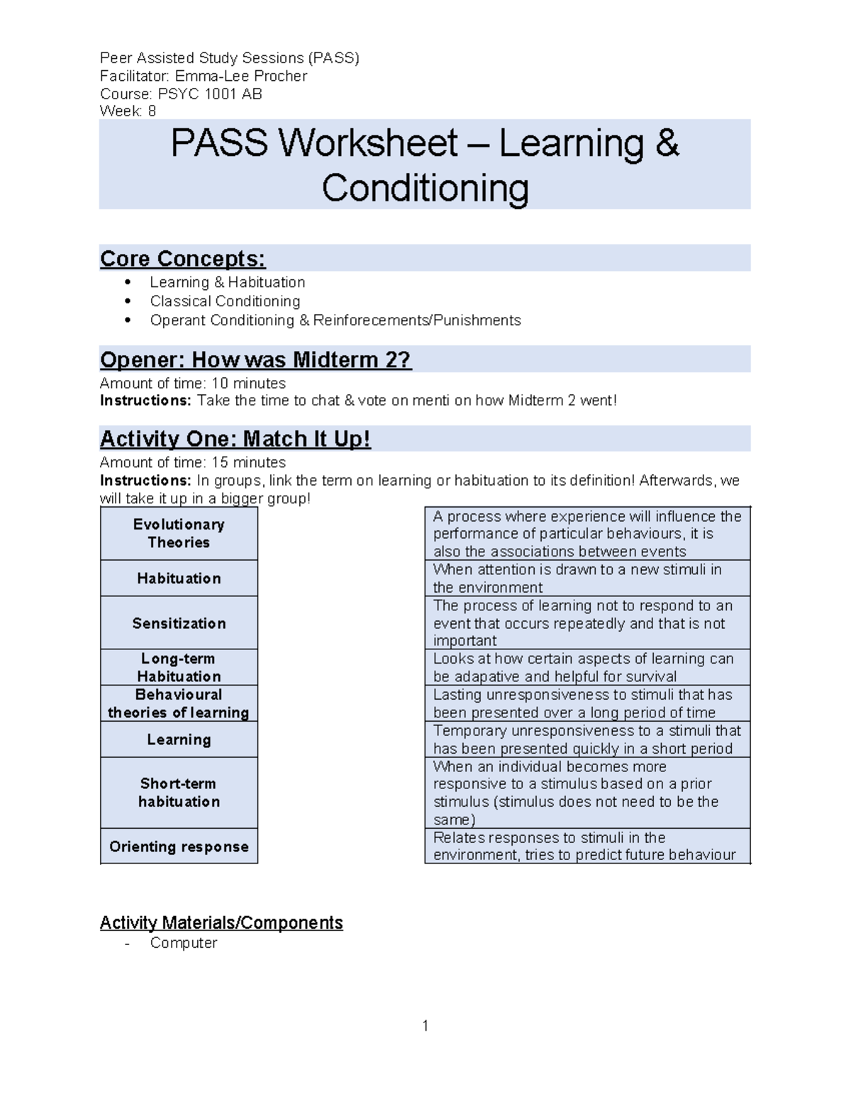 PSYC 1001 AB - Week 8 - practice questions - Facilitator: Emma-Lee ...