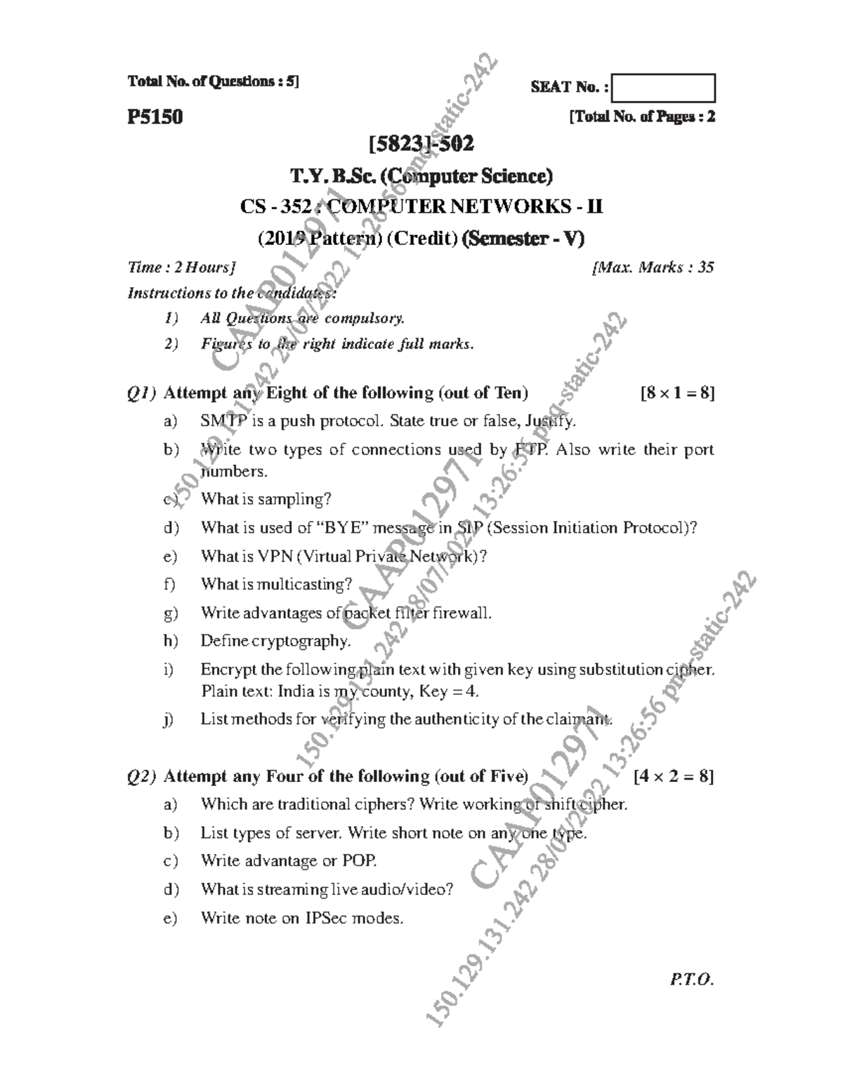 CN-II Univ QP - CS - 352 : COMPUTER NETWORKS - II (2019 Pattern) (Credit) Time : 2 Hours] [Max ...