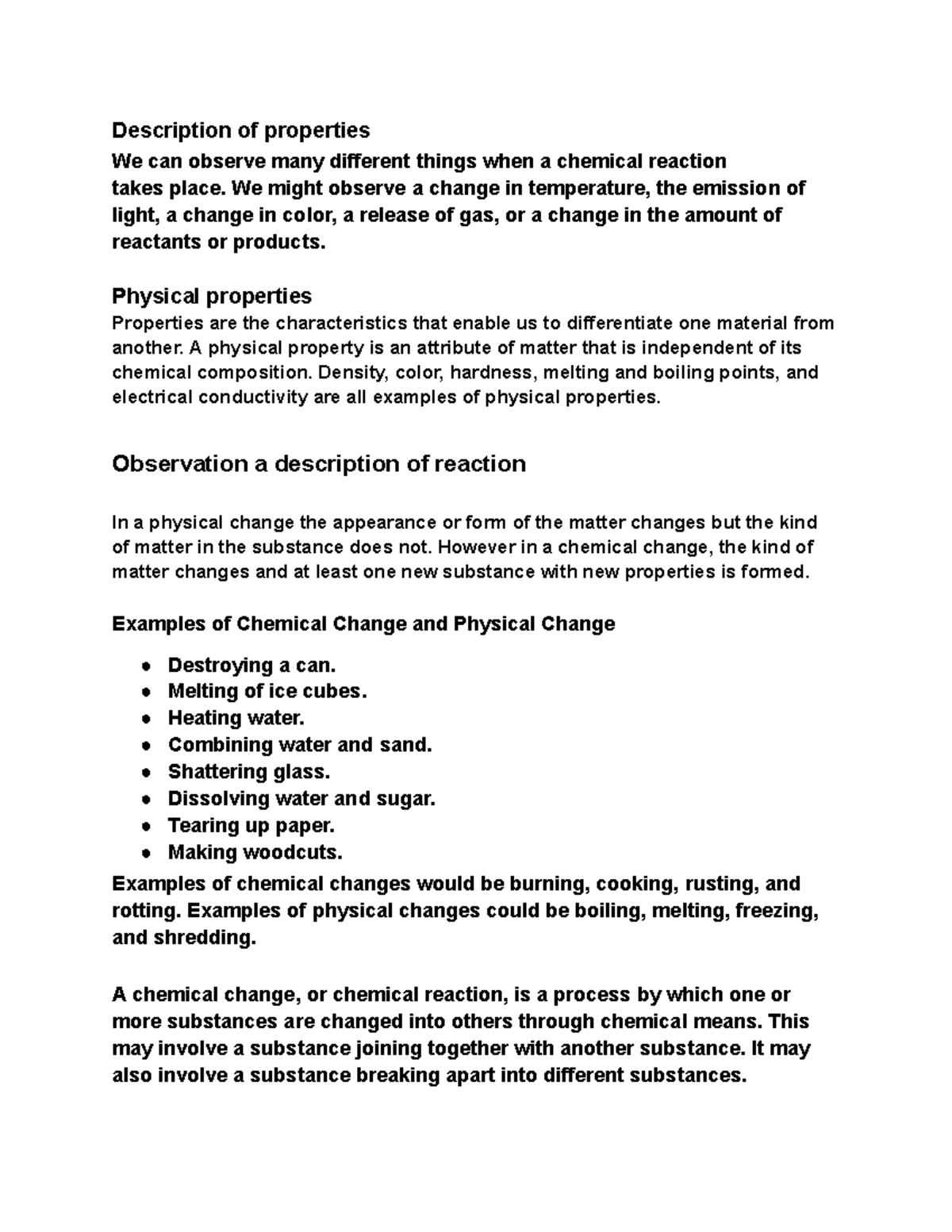 Chem - Chemistry Notes 2 - Description of properties We can observe ...