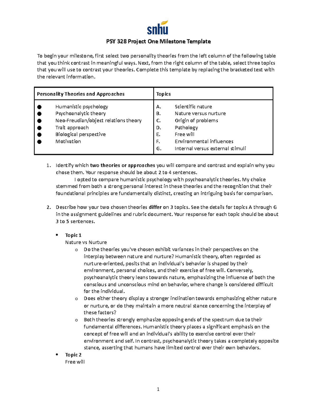 PSY 328 Project One Milestone Template - Next, from the right column of ...