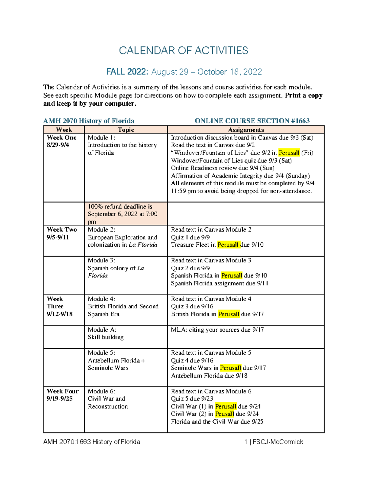AMH 2070 Online Calendar OF Activities A7 Fa2022 Section#1663 - AMH ...