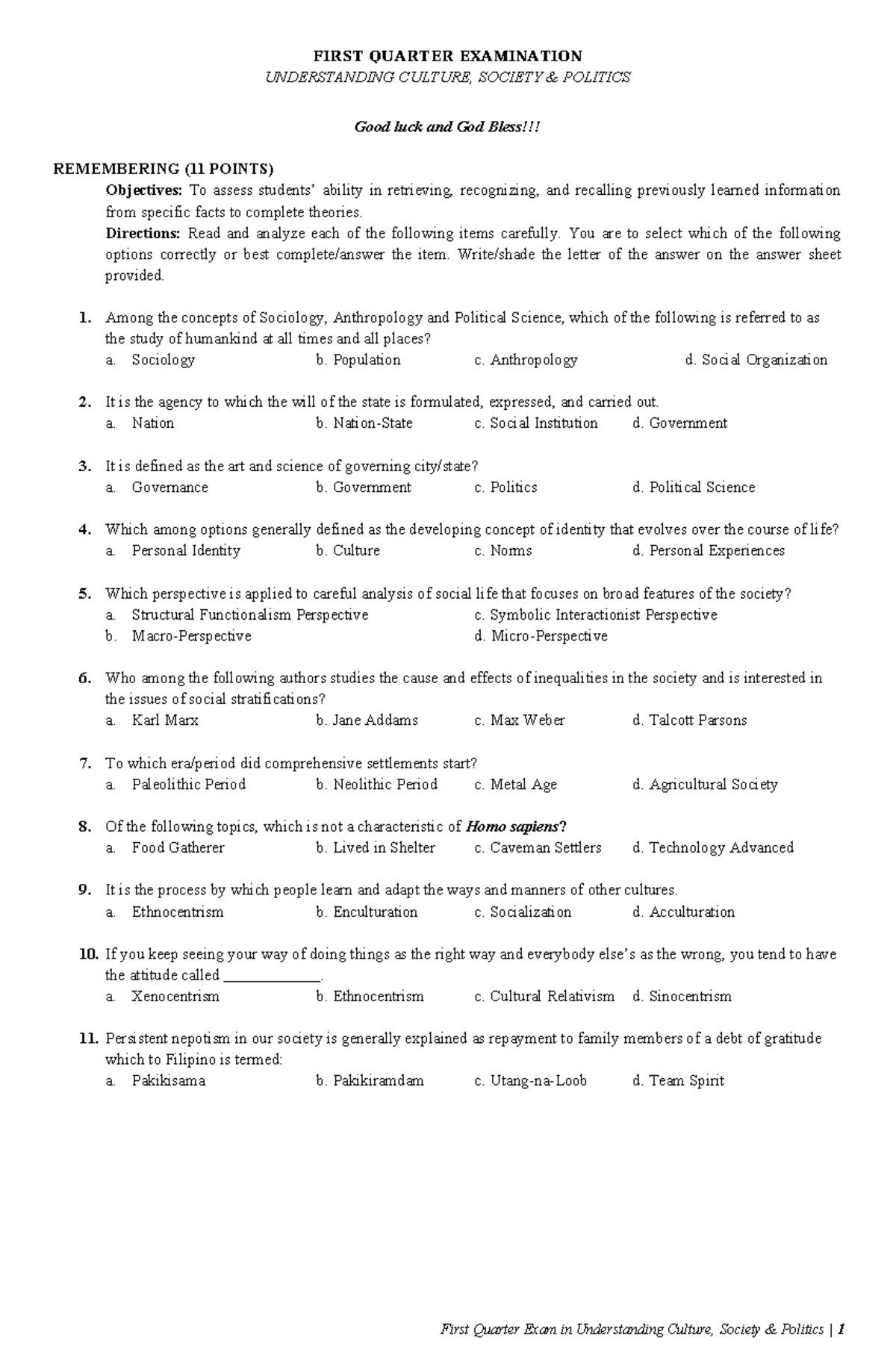 Understanding-culture-society-amp-politics-first-quarter-examination ...