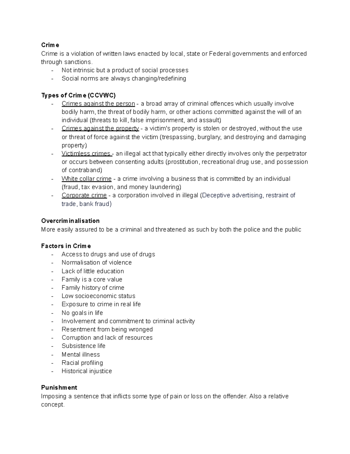 Sociology UNIT 2 Summaries - Crime Crime is a violation of written laws ...