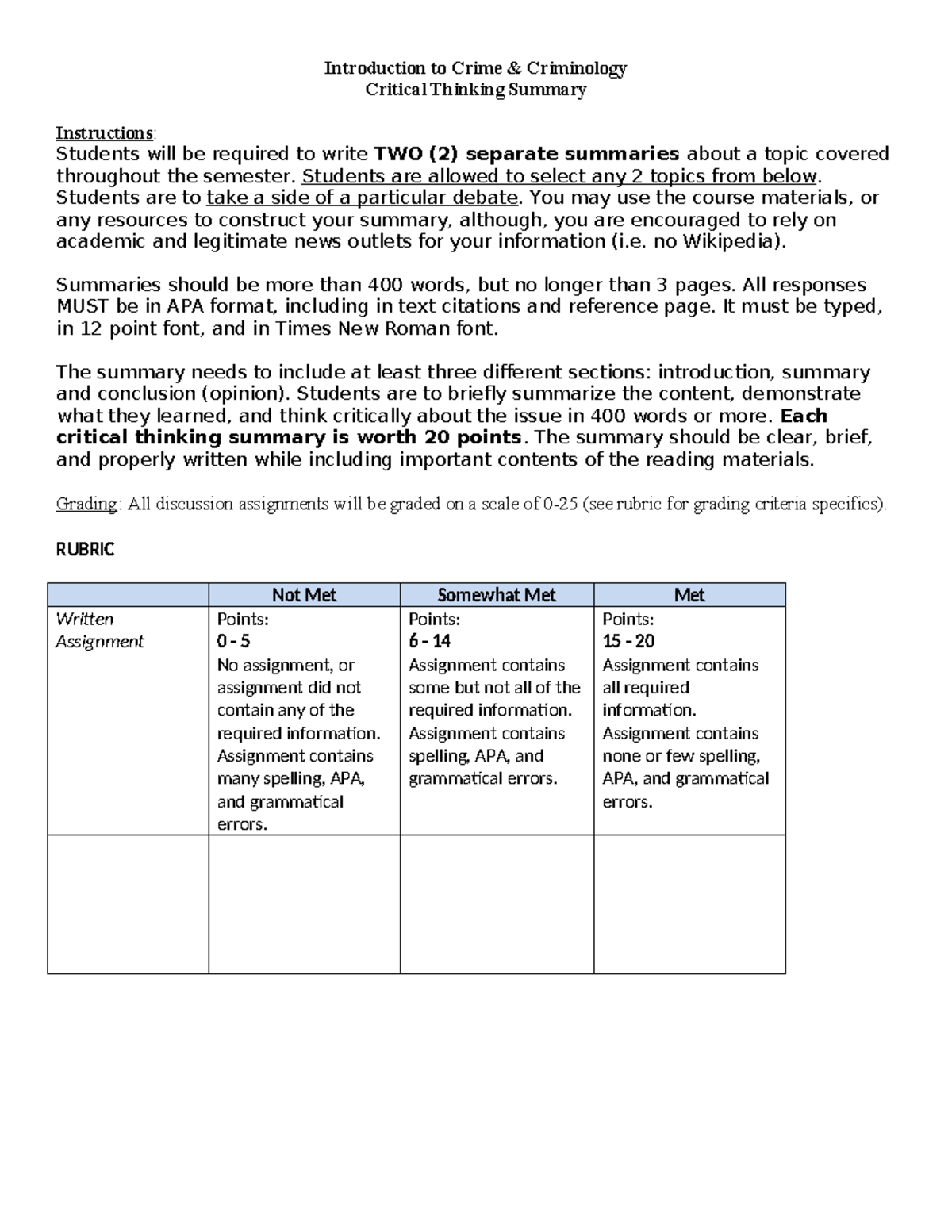 Critical thinking Summary. Outline. Rubric. Optional Topics. Intro. to ...
