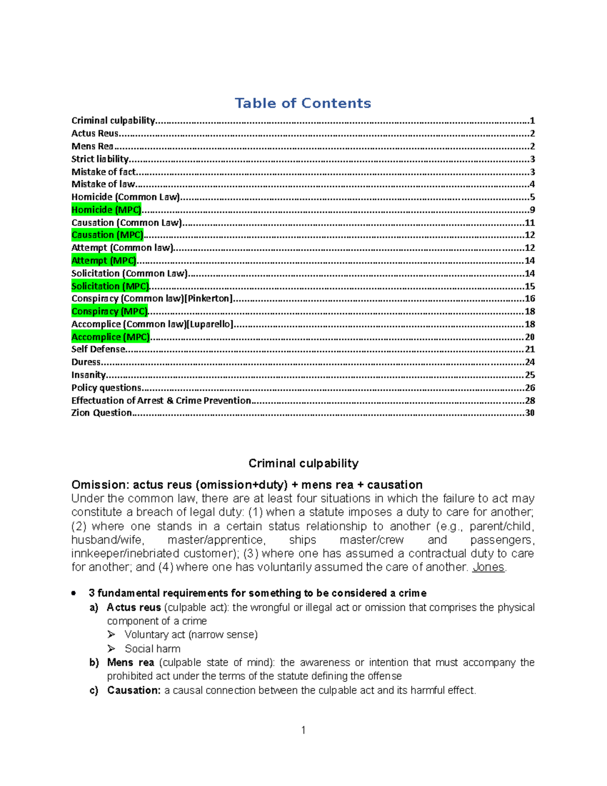 Criminal law outline - Table of Contents Criminal - Studocu