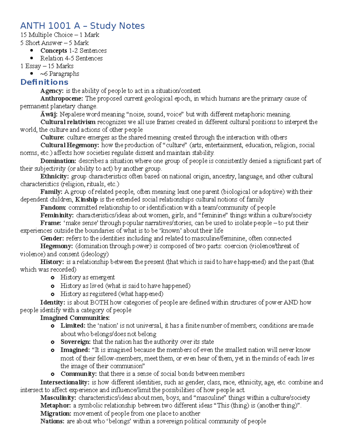 ANTH 1001 A - Study Notes - ANTH 1001 A – Study Notes 15 Multiple ...