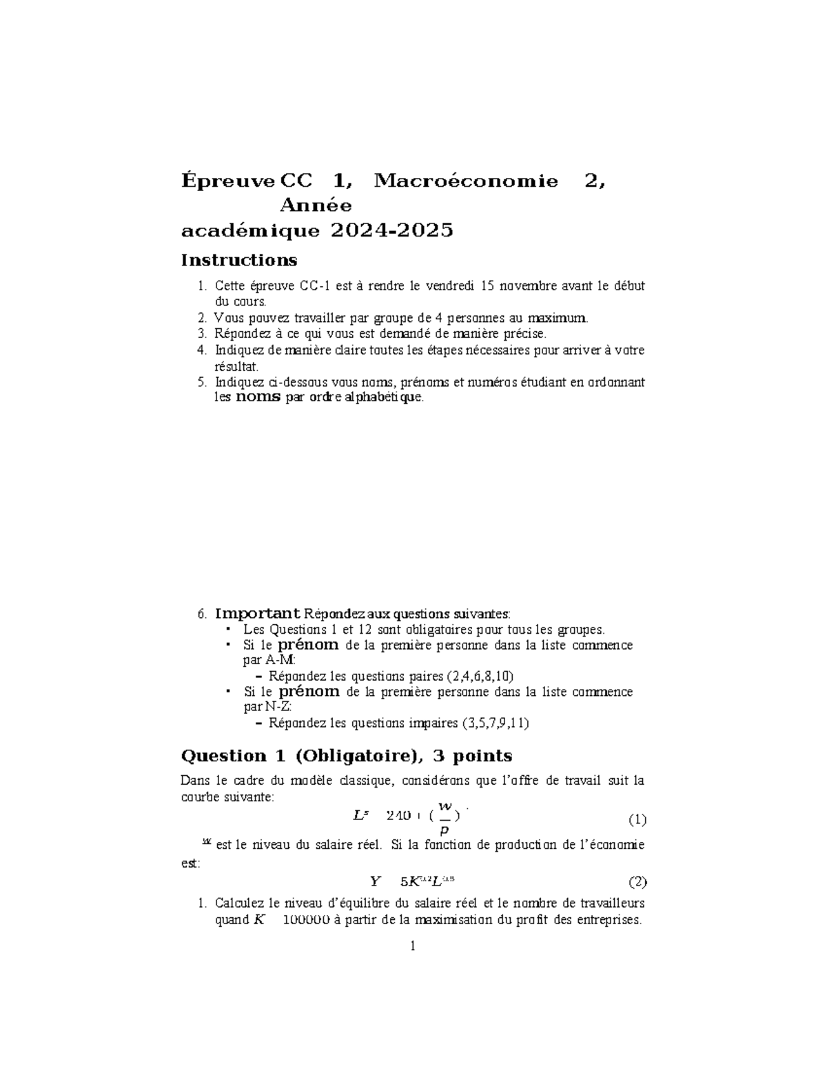 Examen CC1-2024 - Énoncé du CC1 de macro-économie à faire en binôme - 5 𝐀 Épreuve CC 1, - Studocu