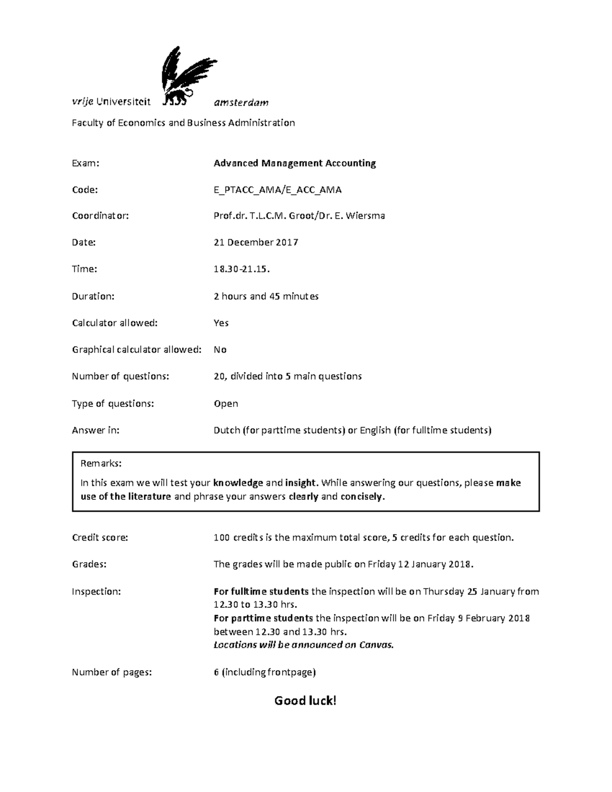 AMA 17 01 exam and solutions - Faculty of Economics and Business ...