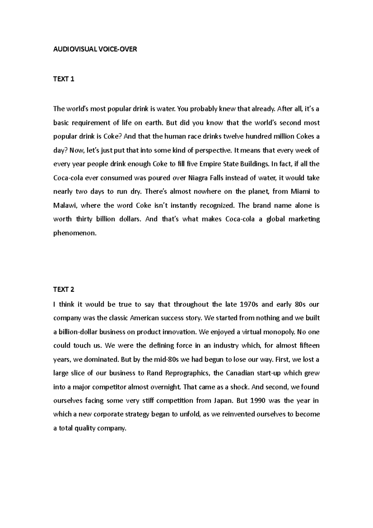 Audiovisual voice-over texts - AUDIOVISUAL VOICE-OVER TEXT 1 The world ...