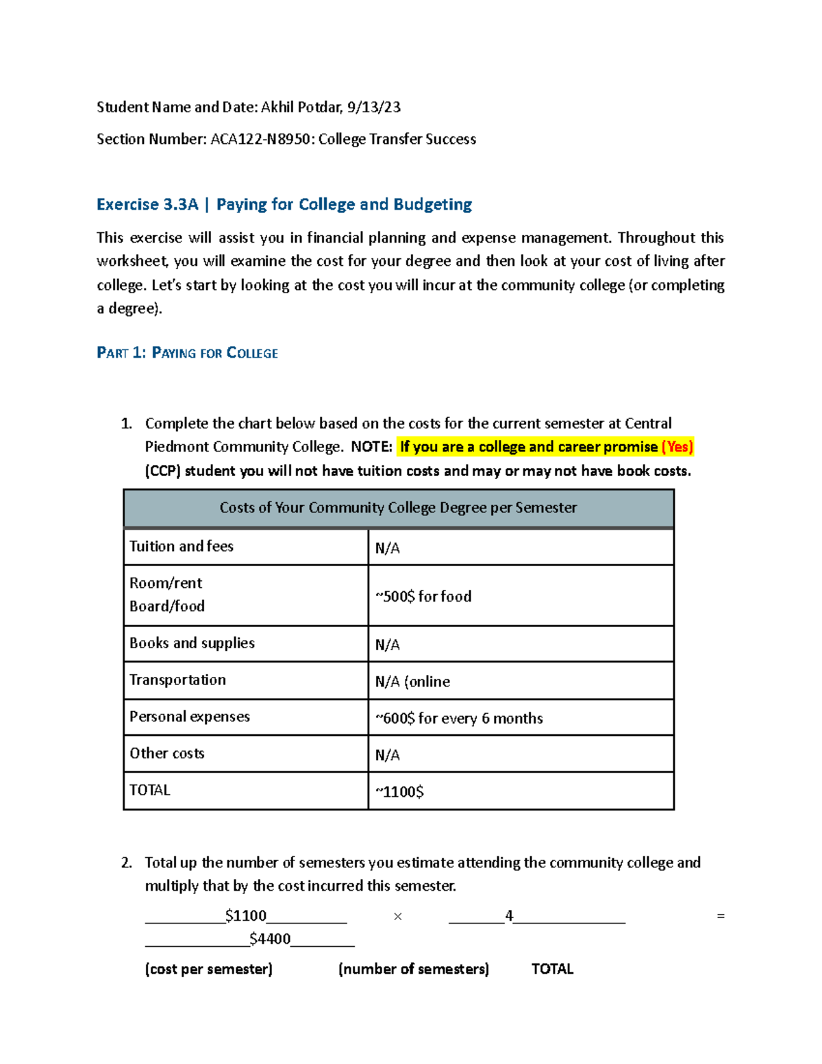 Exercise 3.3A Paying for College and Budgeting - Student Name and Date ...