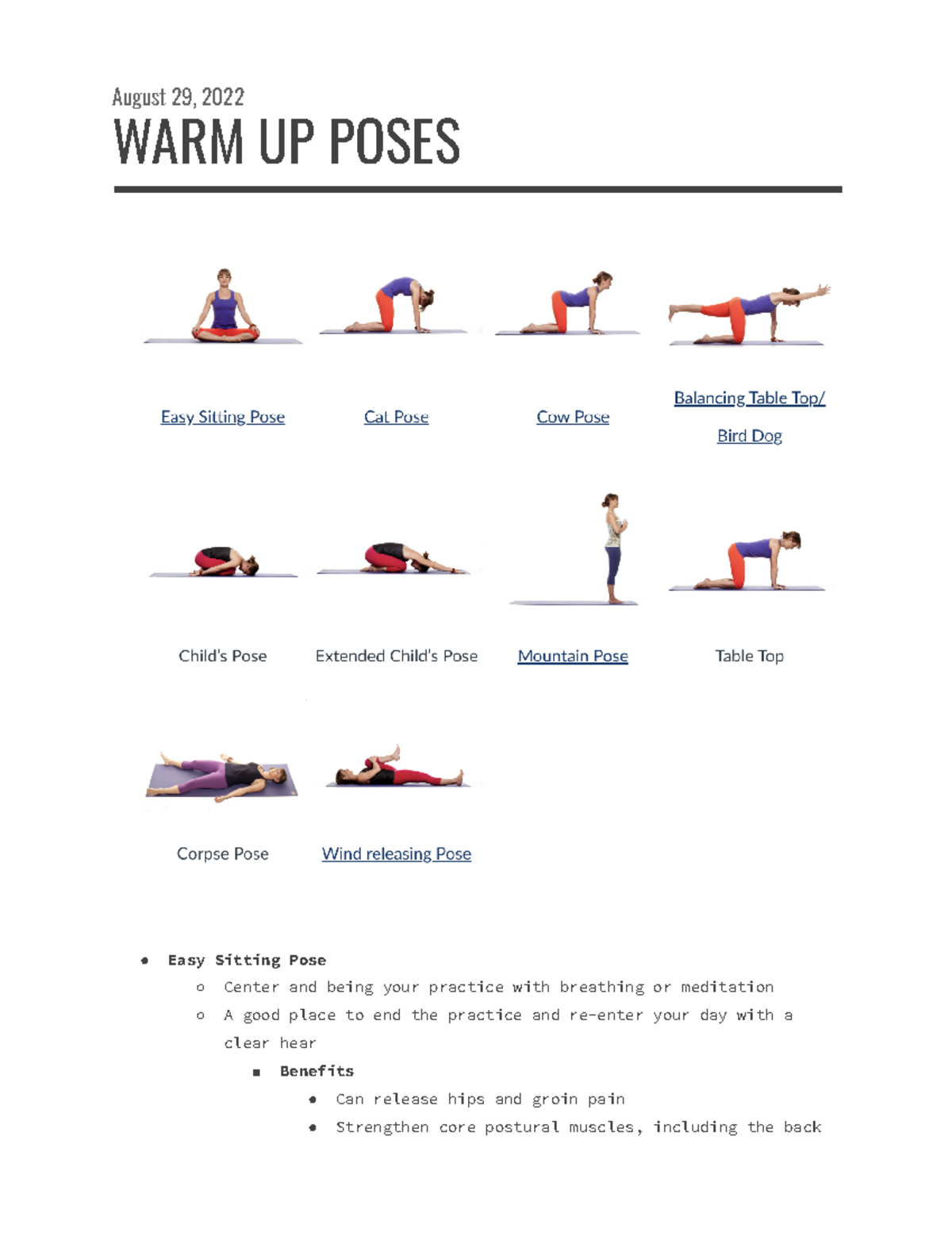 Warm Up Poses - August 29, 2022 WARM UP POSES Easy Sitting Pose Center ...