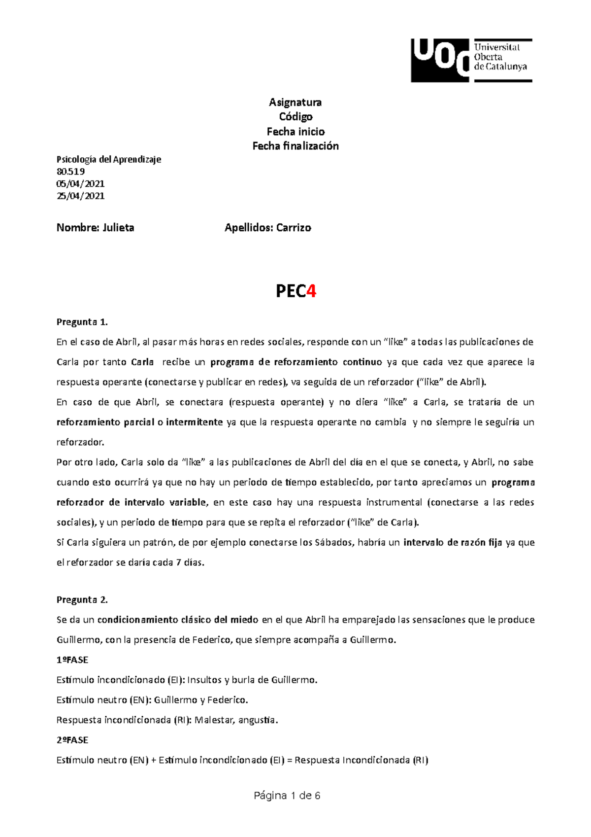 Pec 4 aprendizaje hecha por mi - Psicología del aprendizaje - UOC - Studocu