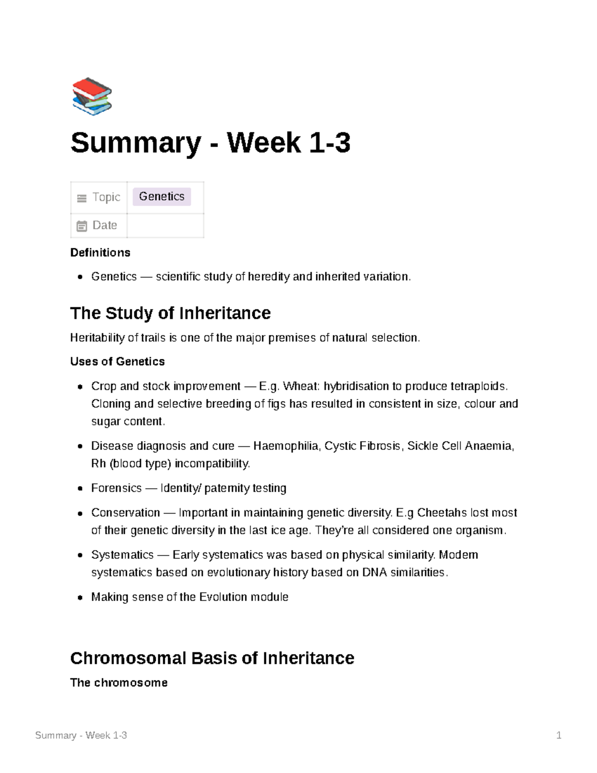 Genetics Summary - 📚 Summary - Week 1- Topic Genetics Date Definitions ...