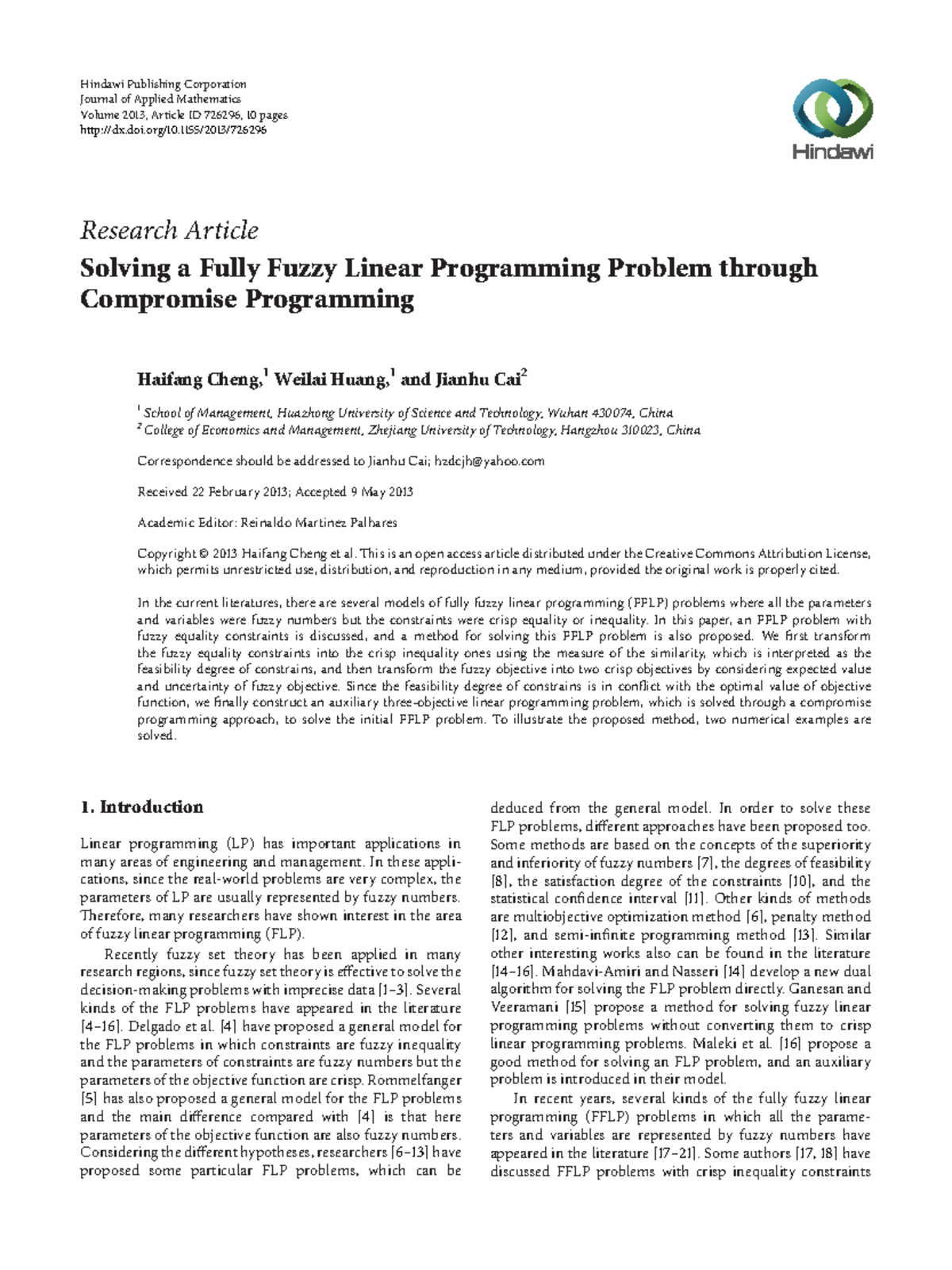 Solving a Fully Fuzzy Linear Programming Problem - Hindawi Publishing ...