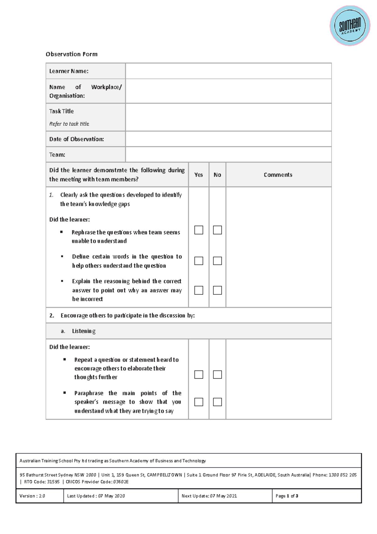 Bsbcrt 511 Observation Form Template - Observation Form Learner Name ...