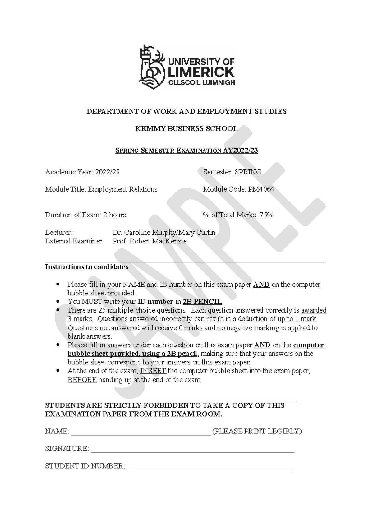 Sample PM4064 EXAM Paper - DEPARTMENT OF WORK AND EMPLOYMENT STUDIES ...