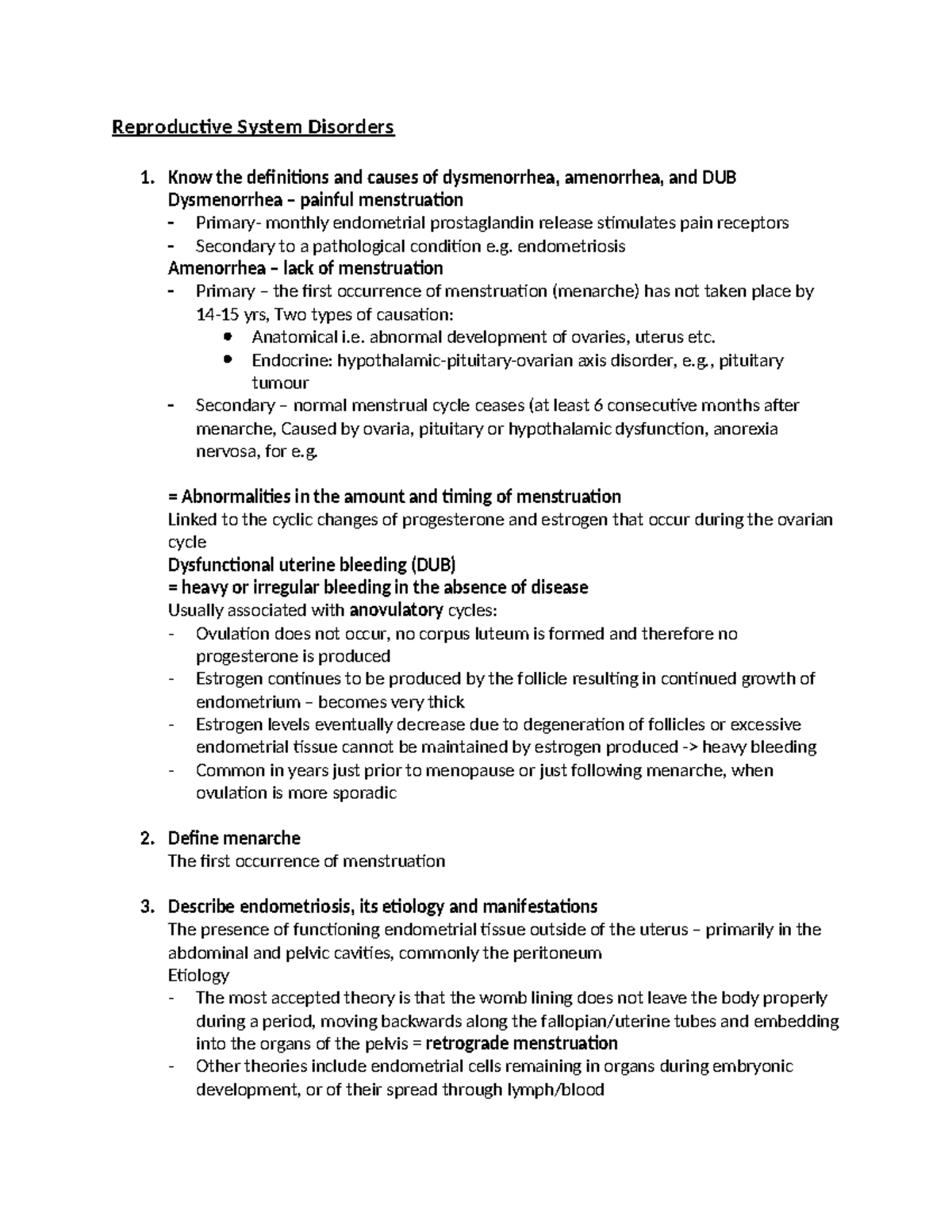 Reproductive System Disorders - endometriosis Amenorrhea – lack of ...