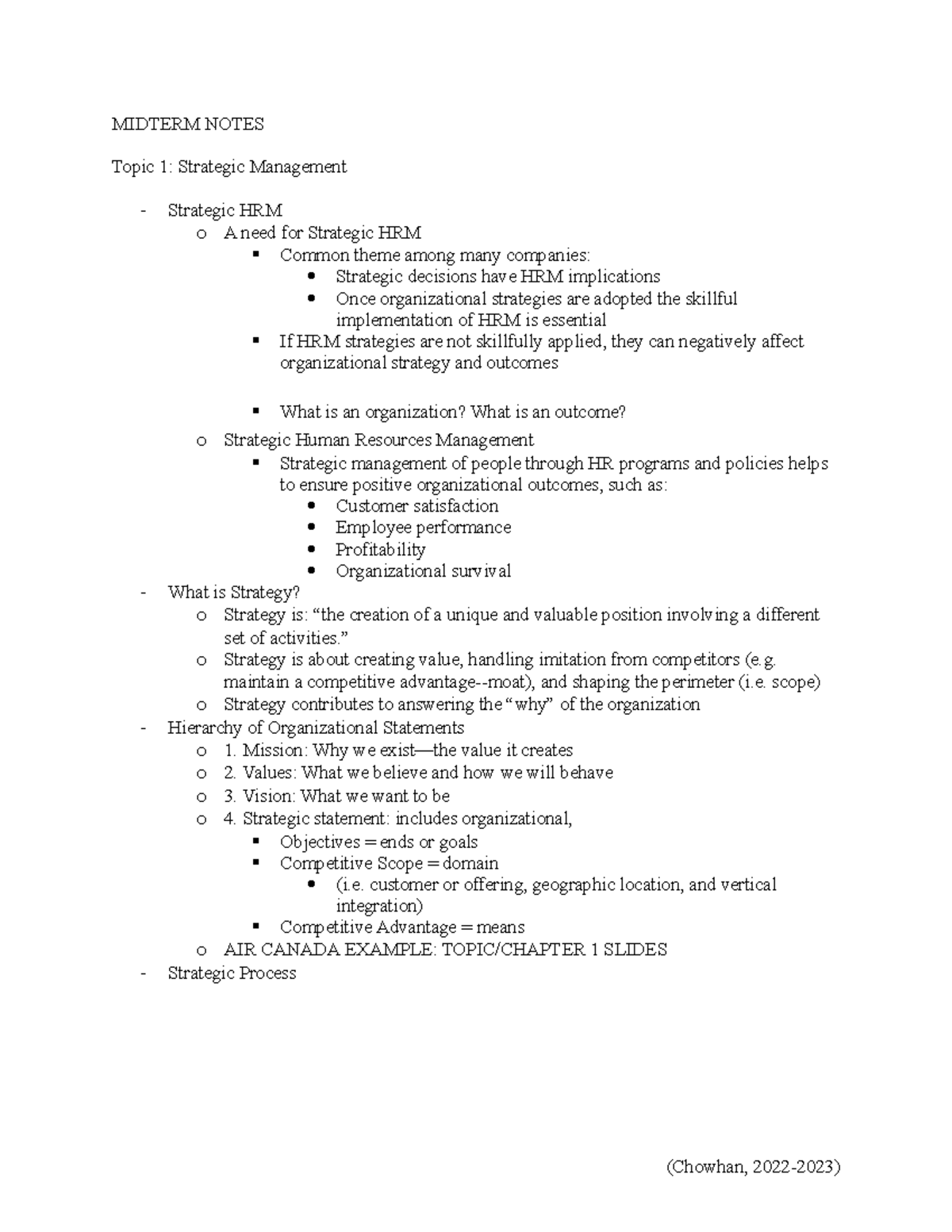 HRM 3430 FInal - MIDTERM NOTES Topic 1: Strategic Management Strategic ...