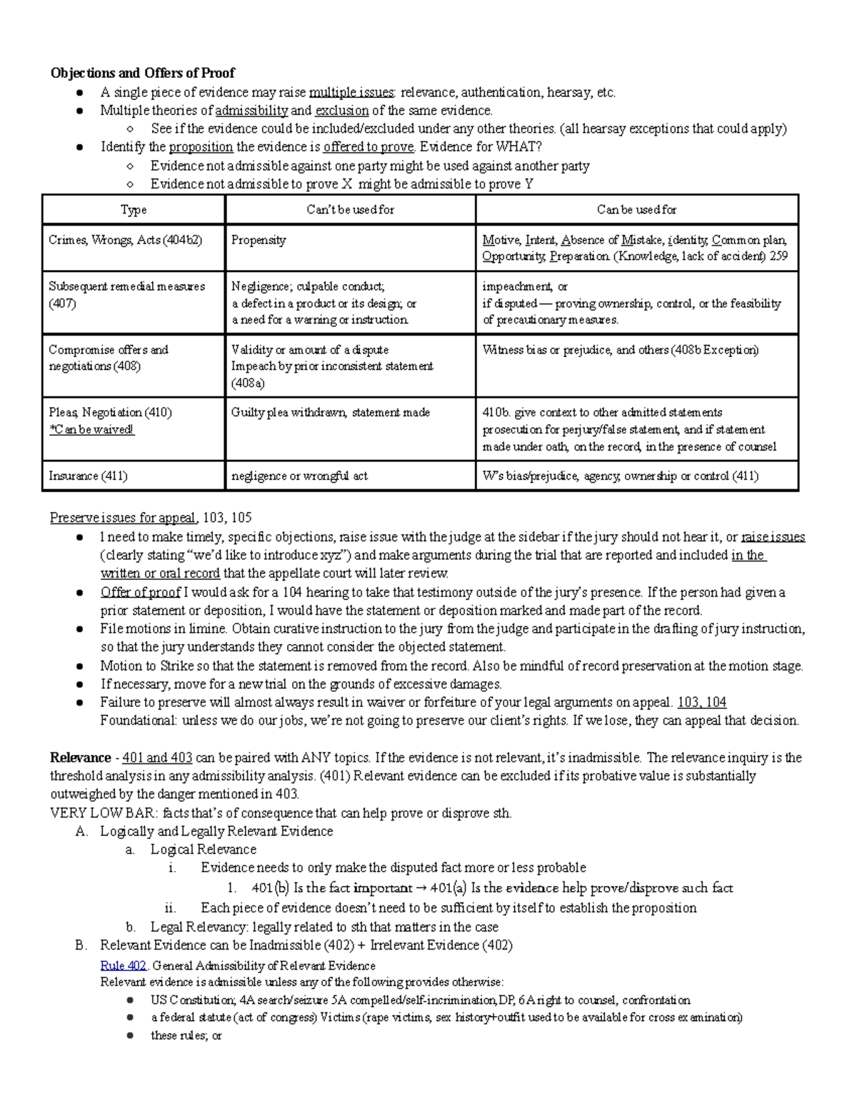 Evidence Attack Outline - Objections and Offers of Proof A single piece ...