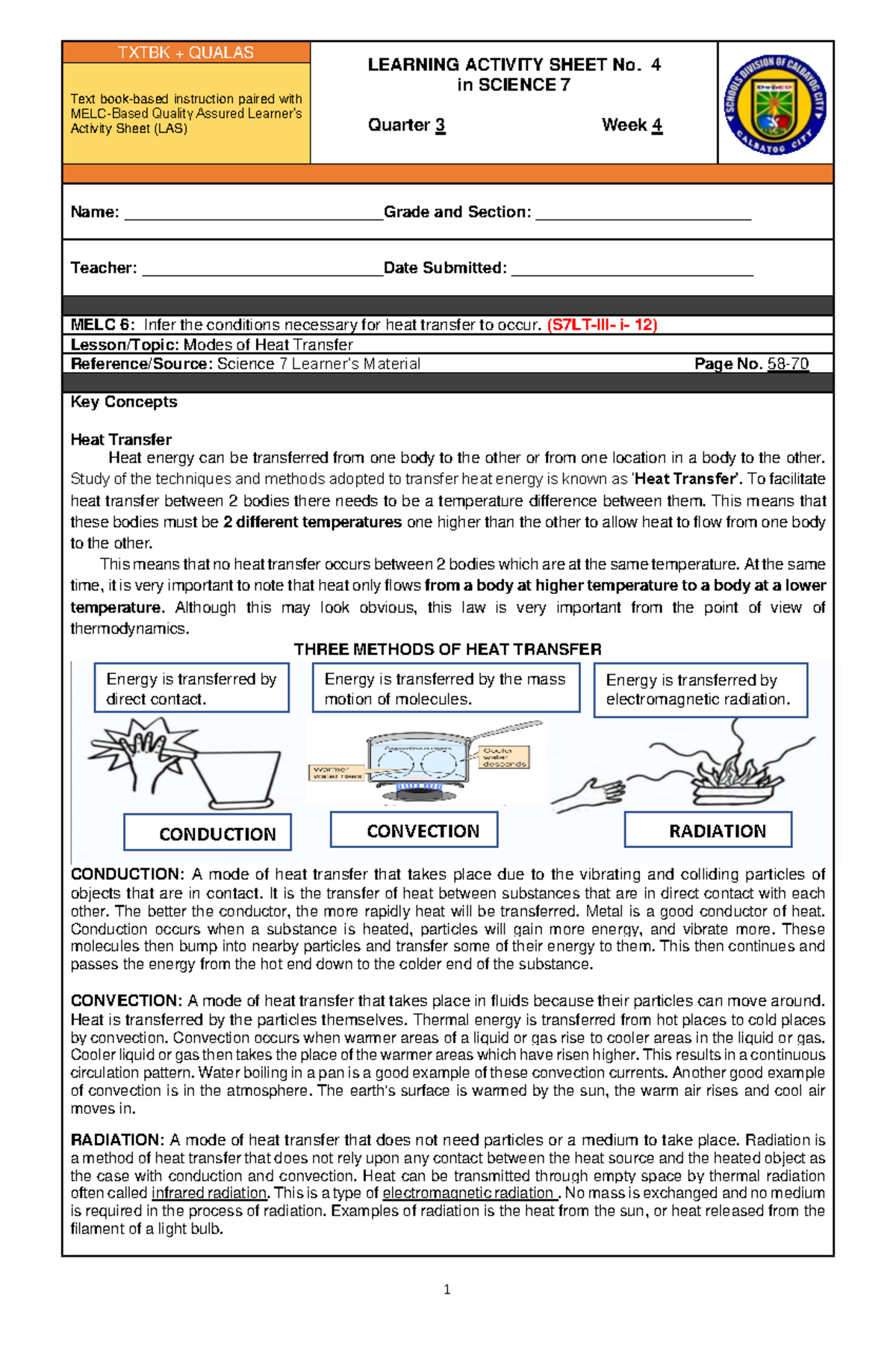 LAS4 Q3 Modes of Heat Transfer - TXTBK + QUALAS LEARNING ACTIVITY SHEET No. 4 in SCIENCE 7 ...