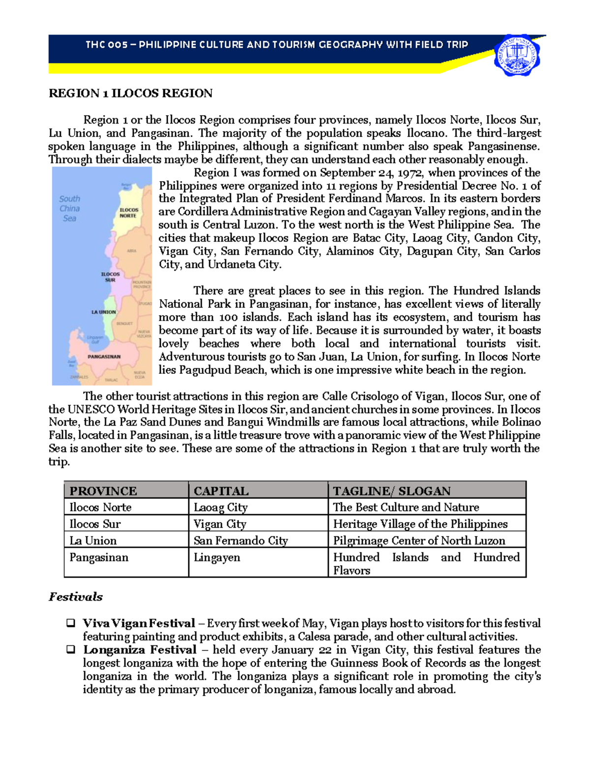 Region 1 Ilocos Region (Module 2) - THC 005 – PHILIPPINE CULTURE AND ...