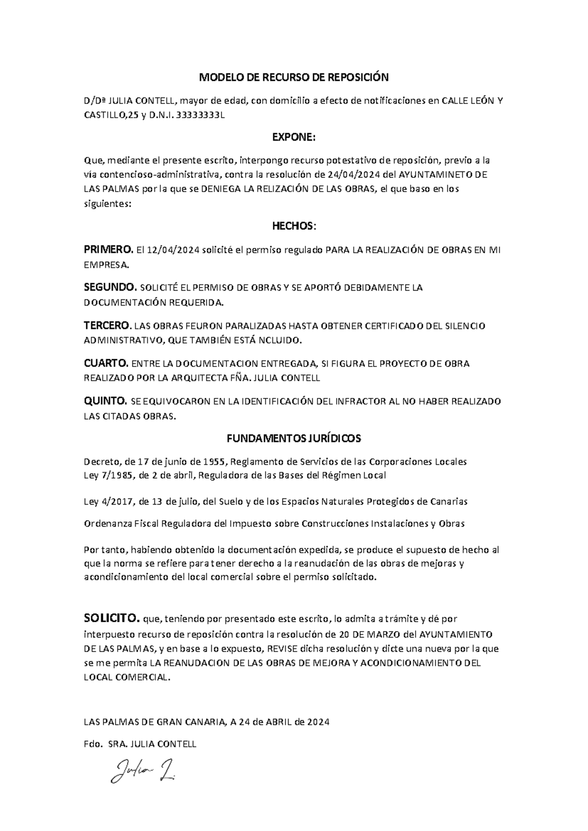 Modelo DE Recurso DE Reposición - MODELO DE RECURSO DE REPOSICIÓN D/Dª ...