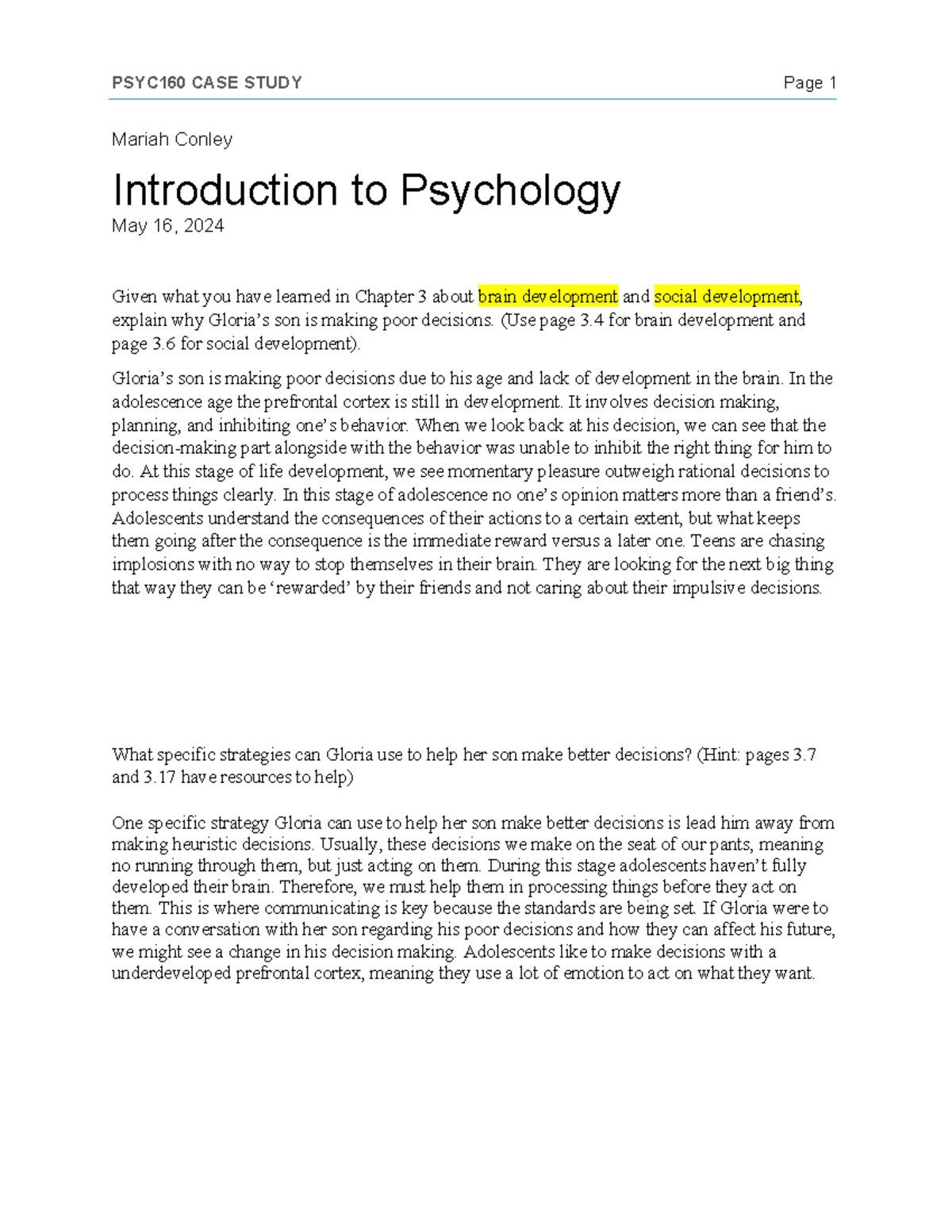 PSYC160 Case Study Template v02 - Mariah Conley Introduction to ...