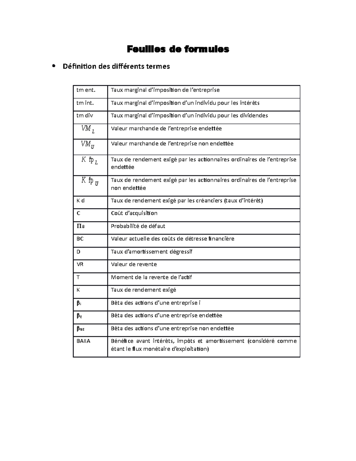 Feuilles de formules - examen intra 3-205 - A2019 - Feuilles de formules Définition des ...
