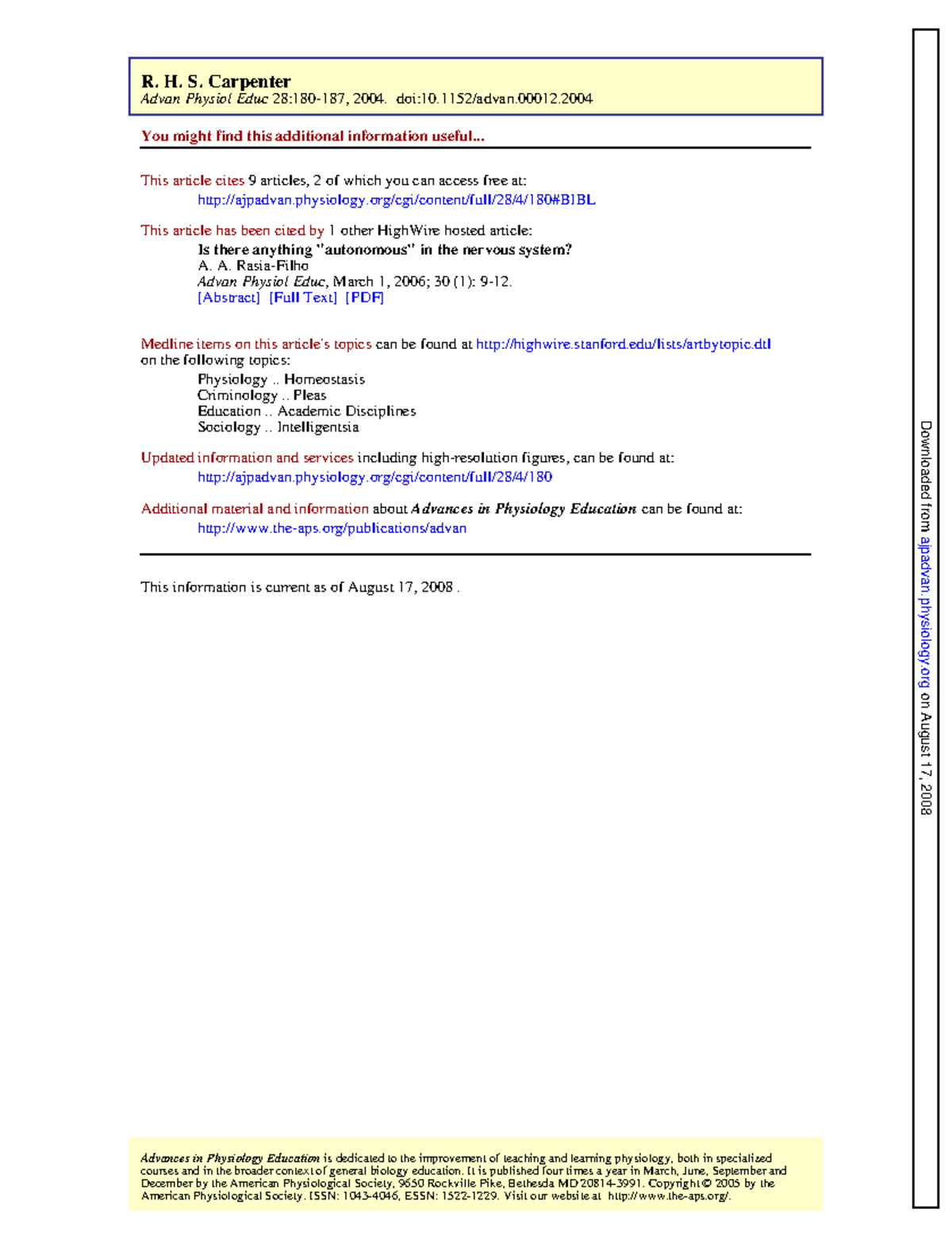 Carpenter 2004 - just notes - Advan Physiol Educ28:180-187, 2004. doi ...