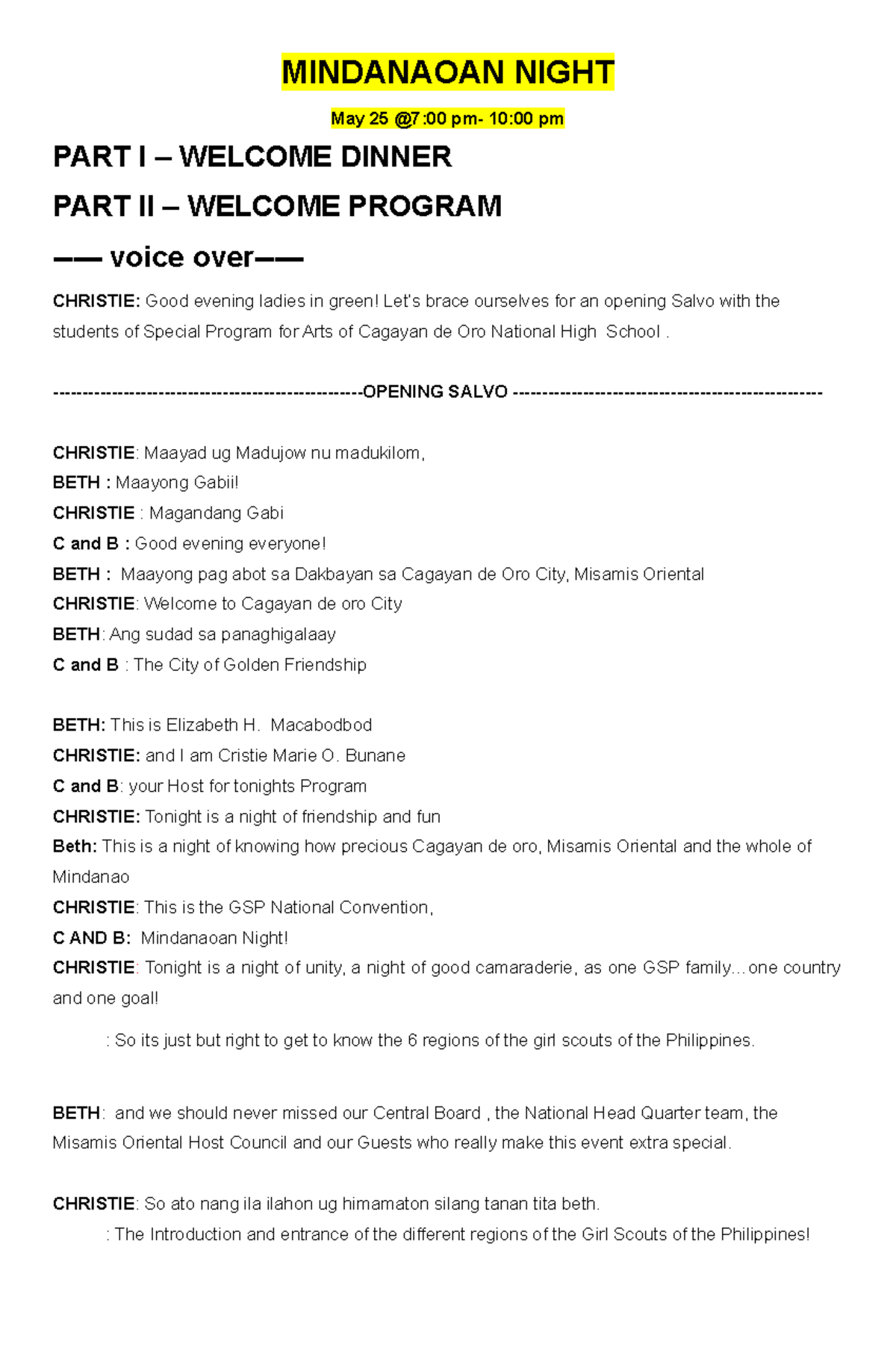 Mindanaoan- Night- Script - MINDANAOAN NIGHT May 25 @7:00 pm- 10:00 pm ...
