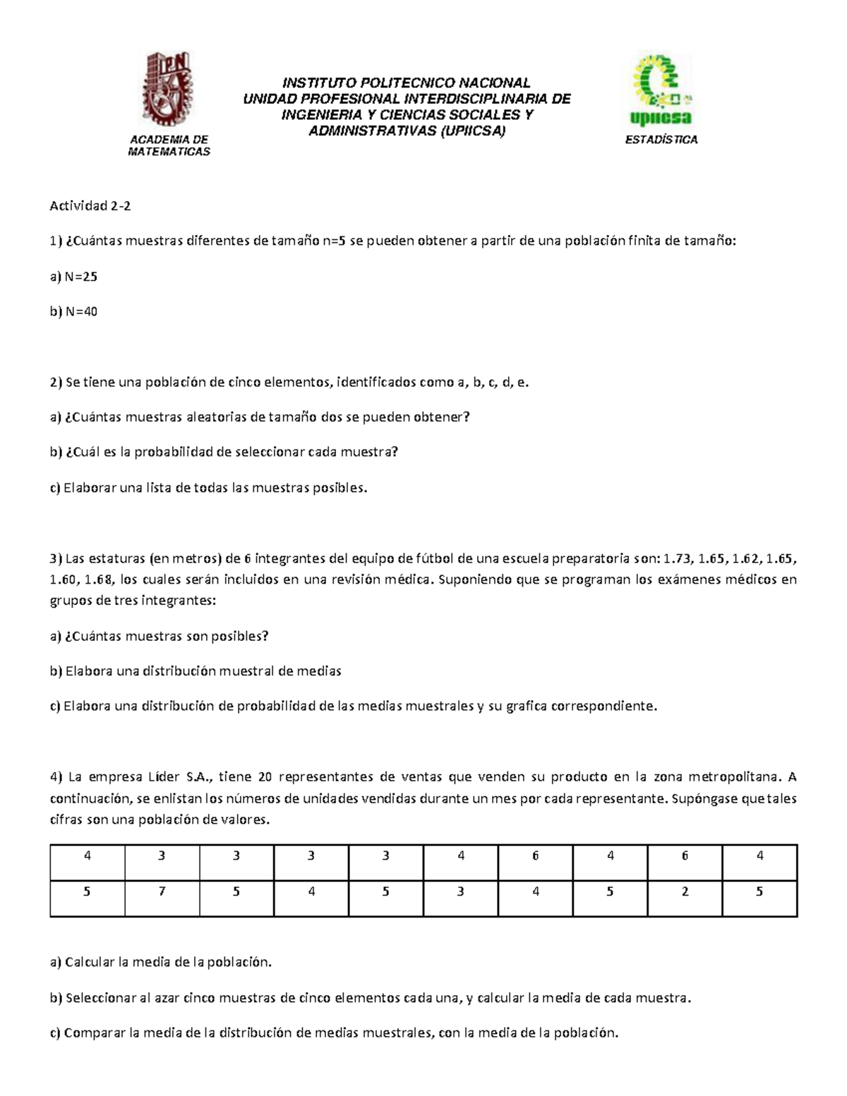 Actividad 2-2 Distribucion muestral - ACADEMIA DE MATEMATICAS INSTITUTO POLITECNICO NACIONAL ...