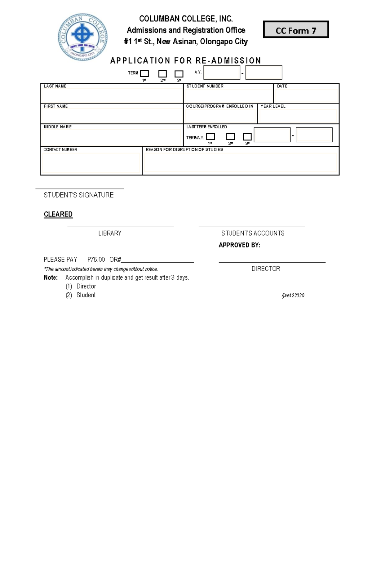 CC FORM 7 - RE- Admission V - CCOOLLUUMMBBAANN CCOOLLLLEEGGEE,, IINNCC ...