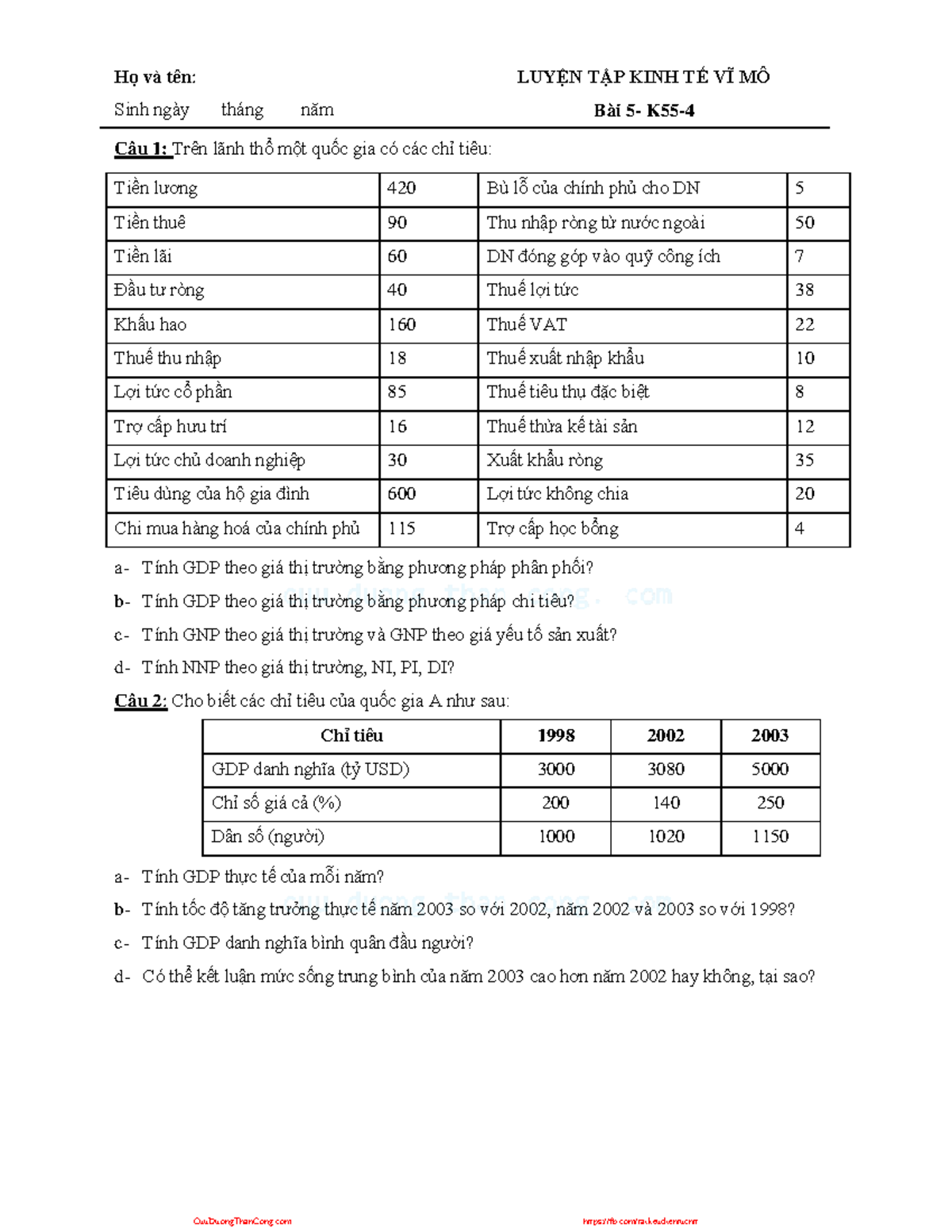 [ktvm]-kinh-te-vi-mo bai-tap-ve-nha - [cuuduongthancong - Họ và tên: Sinh ngày tháng năm LUYỆN ...