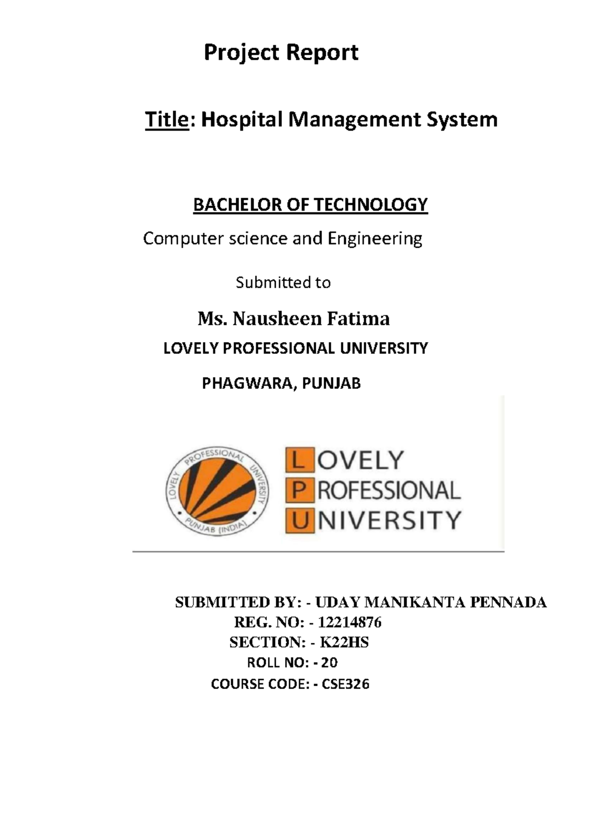 CSE 326 Report - webpage development - Project Report Title: Hospital Management System BACHELOR ...